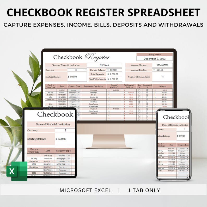 Excel Checkbook Register, Income and Expense Tracker, Brown Excel ...