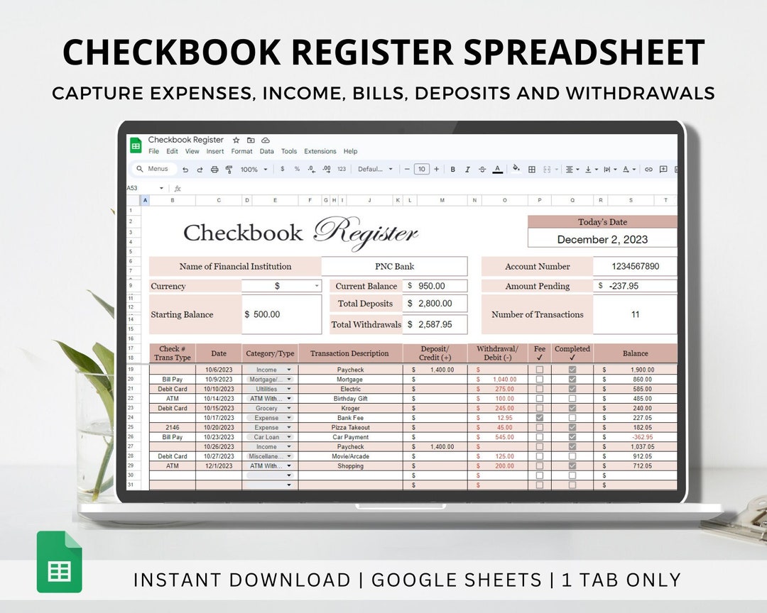 Digital Checkbook Register, Income and Expense Tracker, Spending Ledger ...