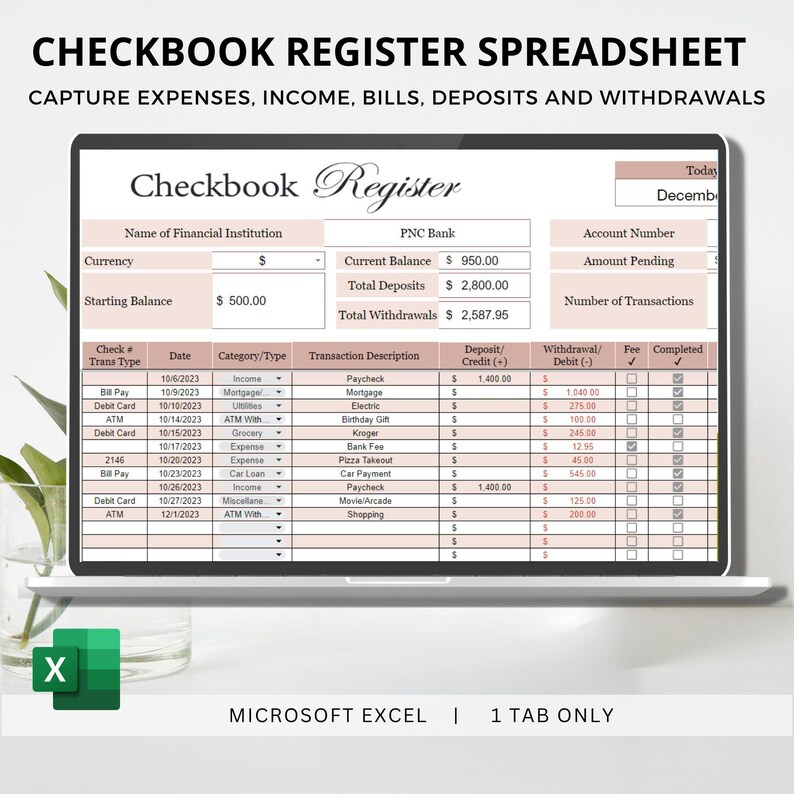 Excel Checkbook Register, Income and Expense Tracker, Brown Excel ...