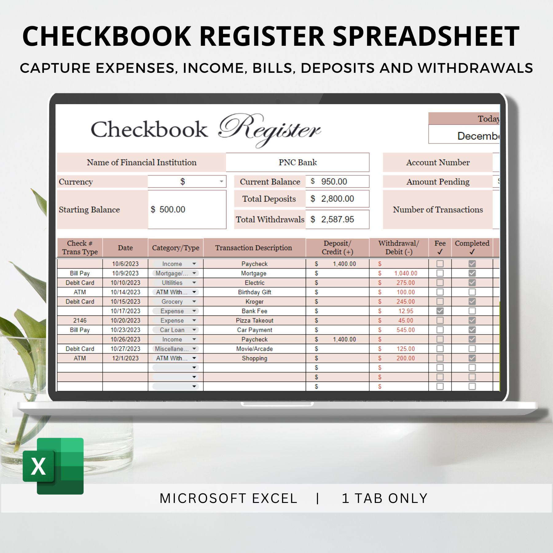 Excel Checkbook Register, Income and Expense Tracker, Brown Excel ...
