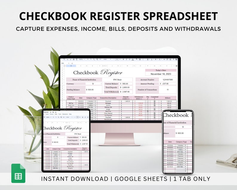 Digital Checkbook Register, Income and Expense Tracker, Spending Ledger ...