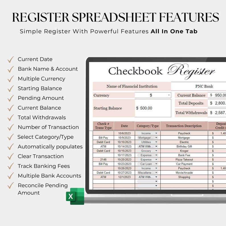 Excel Checkbook Register, Income and Expense Tracker, Brown Excel ...