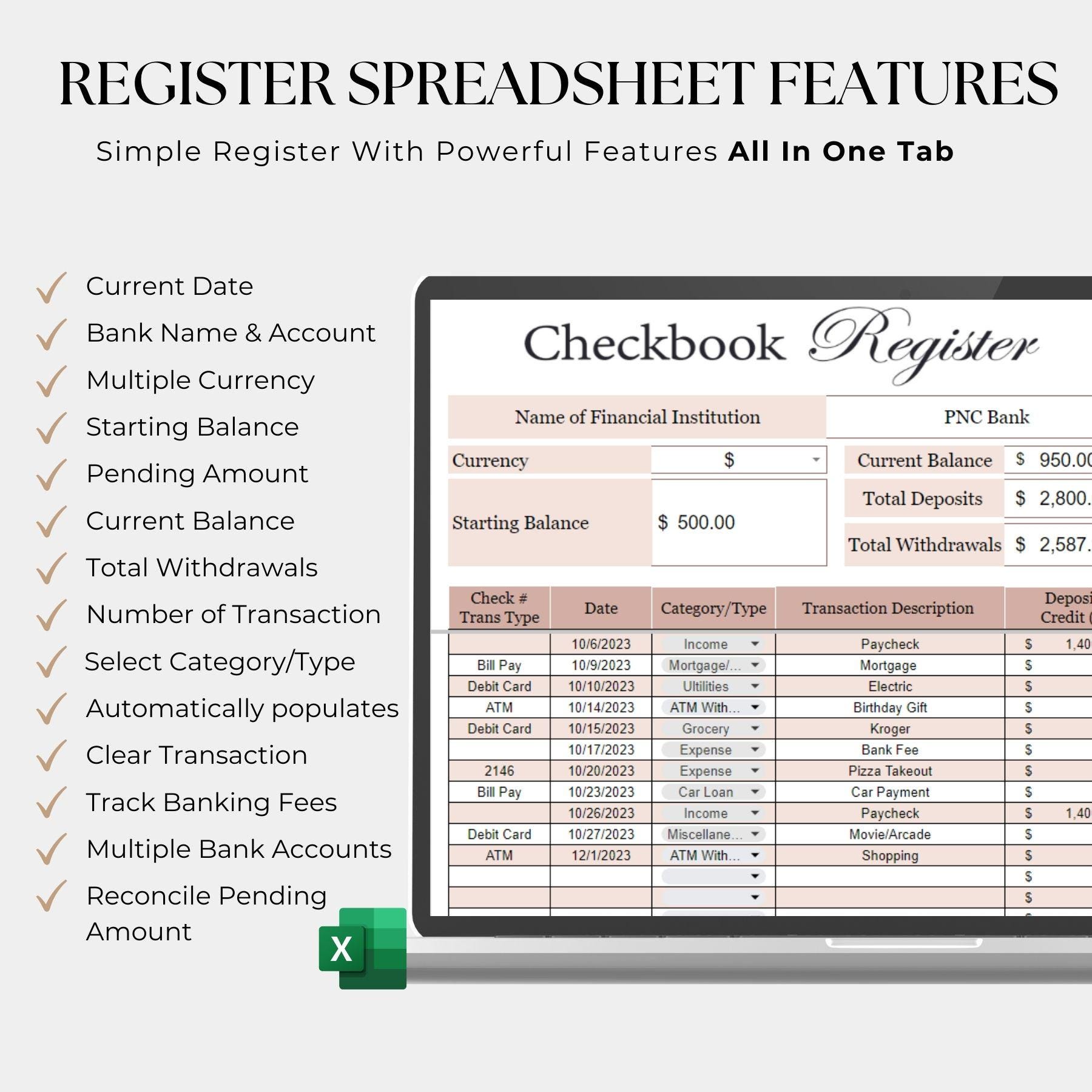 Excel Checkbook Register, Income and Expense Tracker, Brown Excel ...