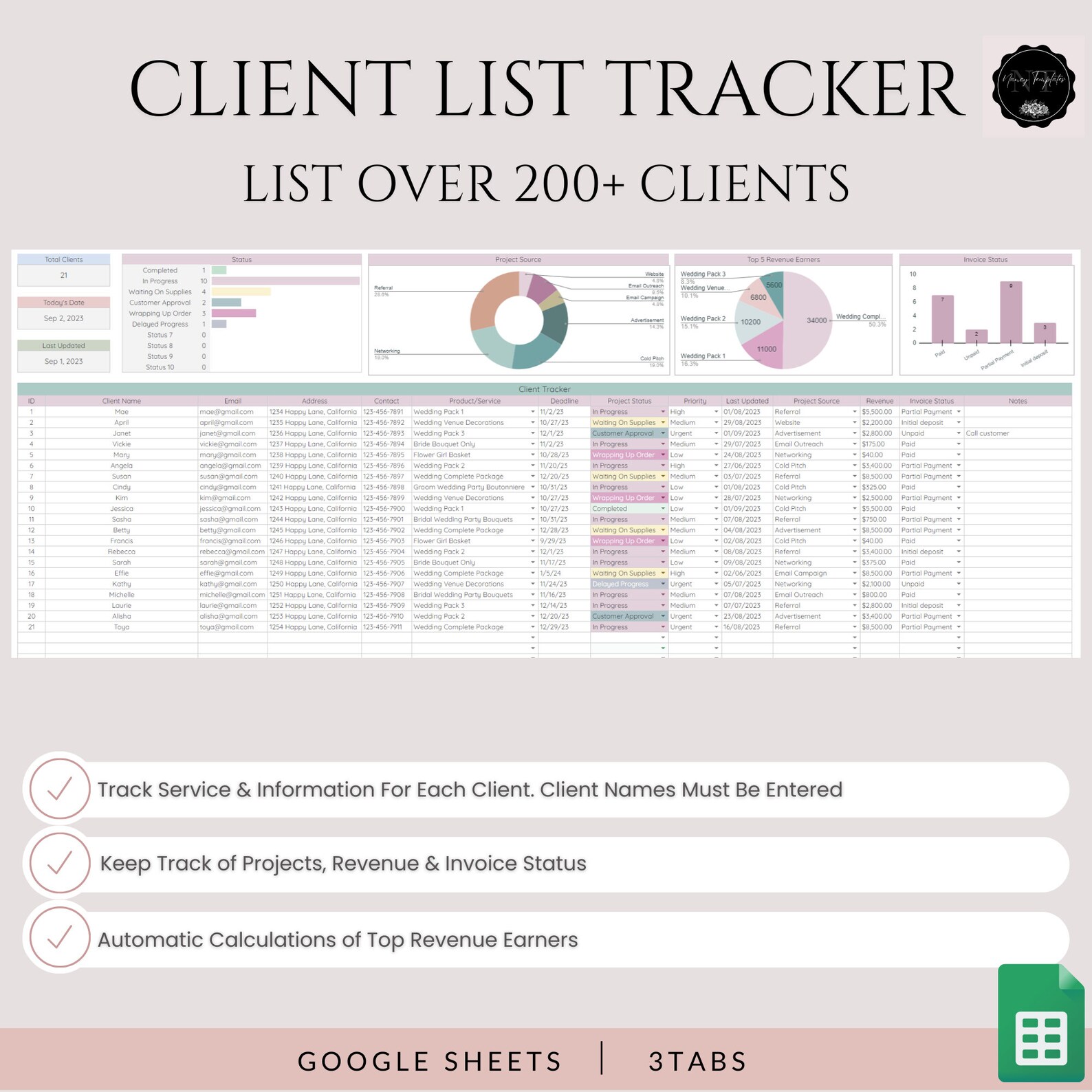 Client List Tracker, Service Agreement, Contact List of Client, Google ...