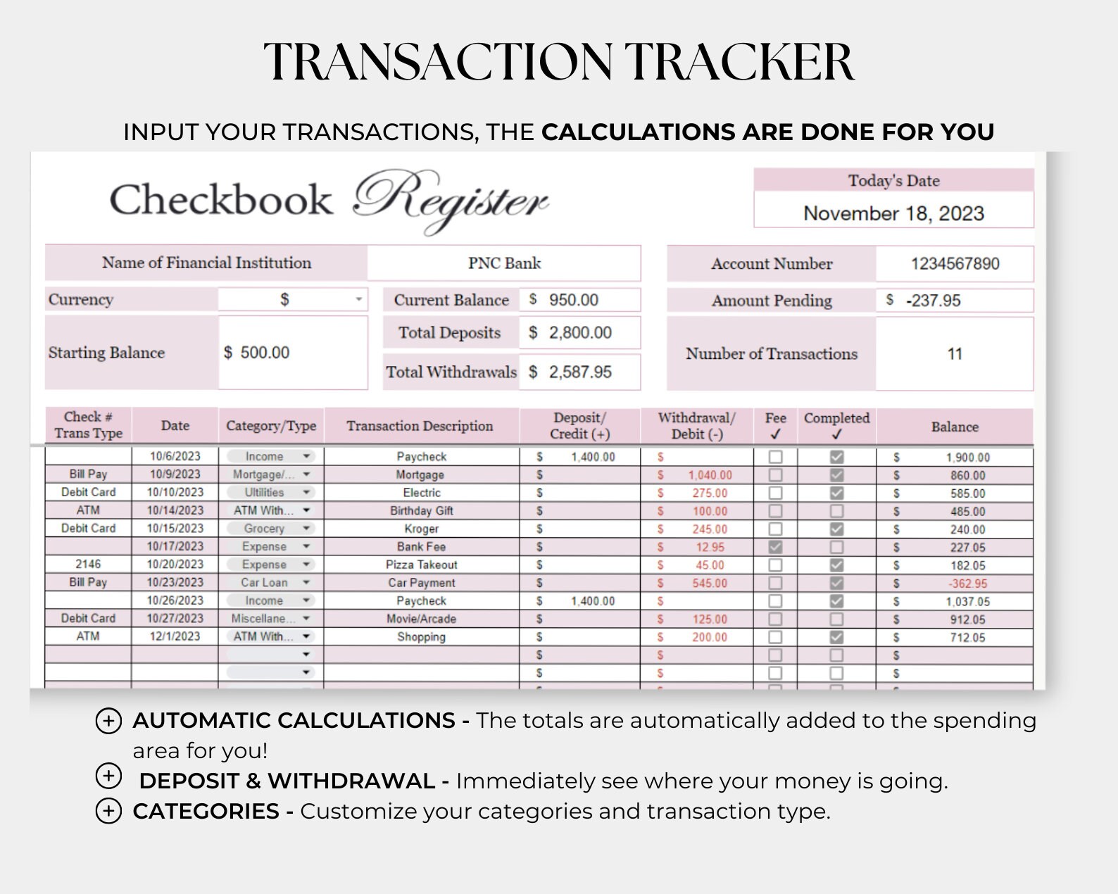 Digital Checkbook Register, Income and Expense Tracker, Spending Ledger ...
