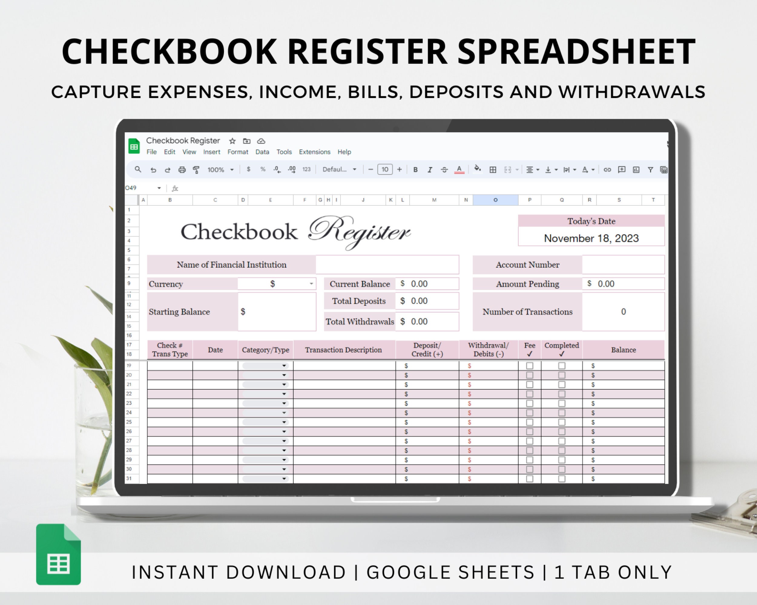 Digital Checkbook Register, Income and Expense Tracker, Spending Ledger ...