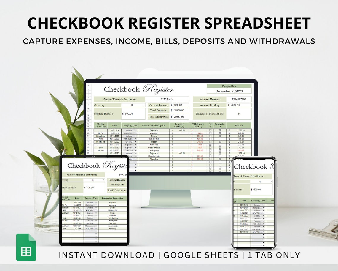 Digital Checkbook Register, Income and Expense Tracker, Spending Ledger ...