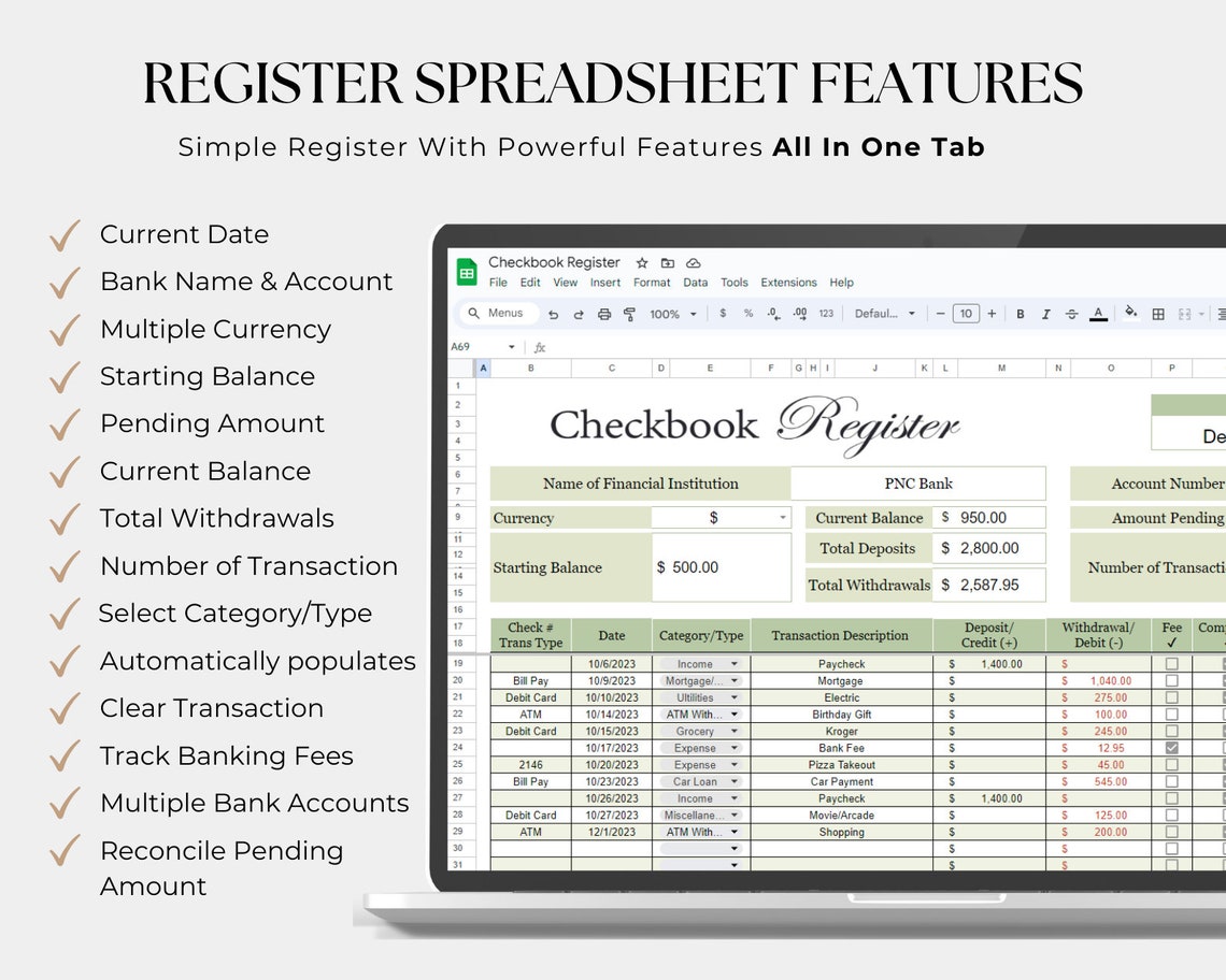 Digital Checkbook Register, Income and Expense Tracker, Spending Ledger ...