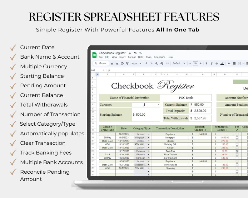 Digital Checkbook Register, Income and Expense Tracker, Spending Ledger ...