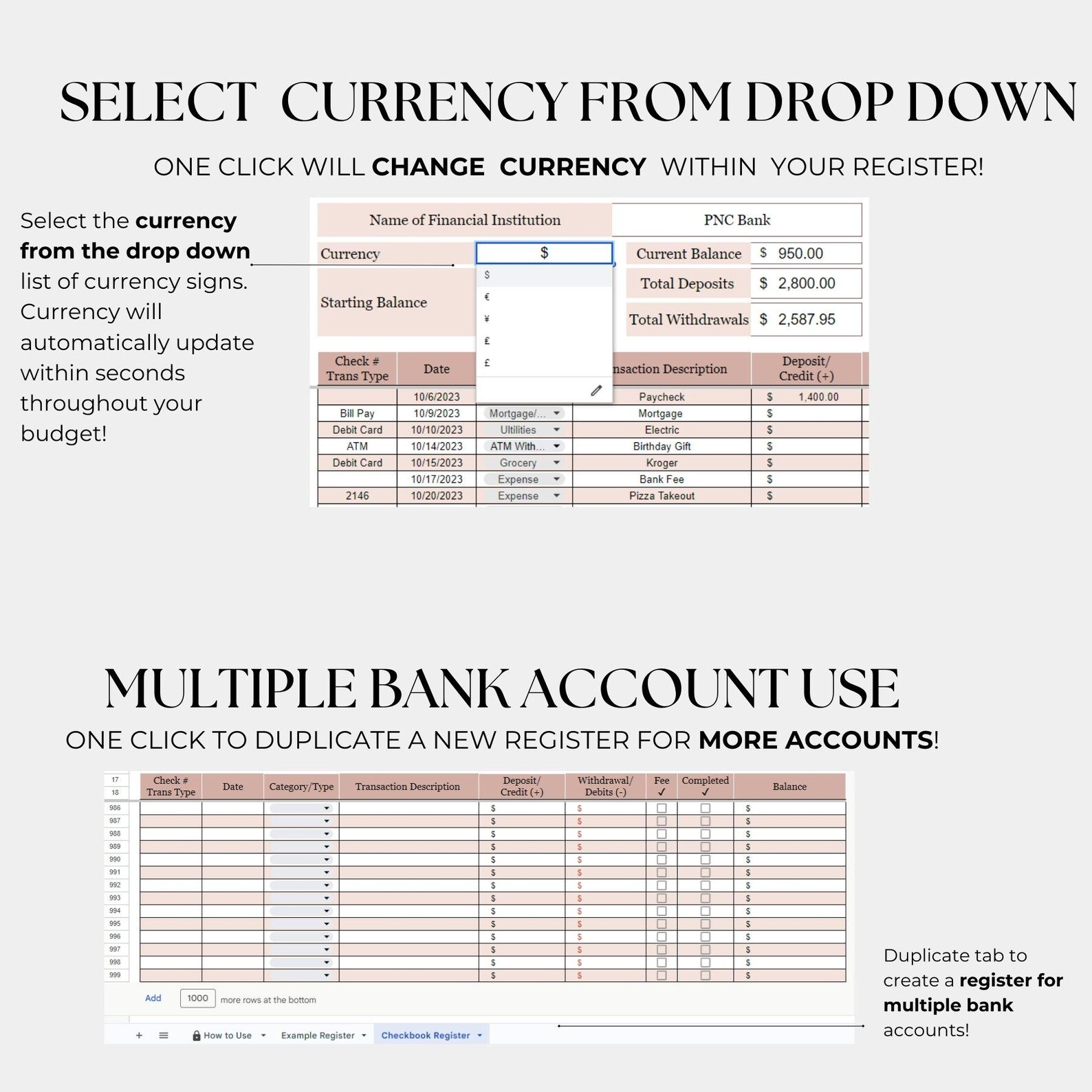 Excel Checkbook Register, Income and Expense Tracker, Brown Excel ...
