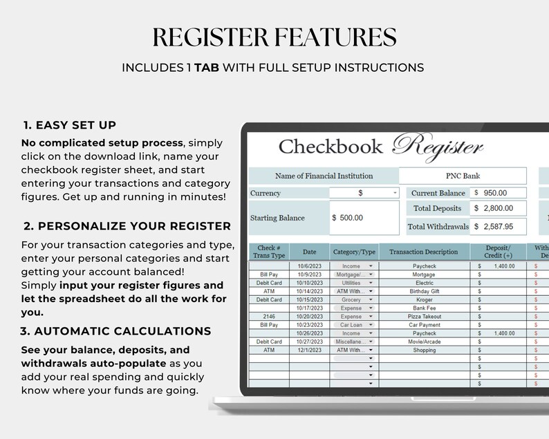 Digital Checkbook Register, Income and Expense Tracker, Spending Ledger ...