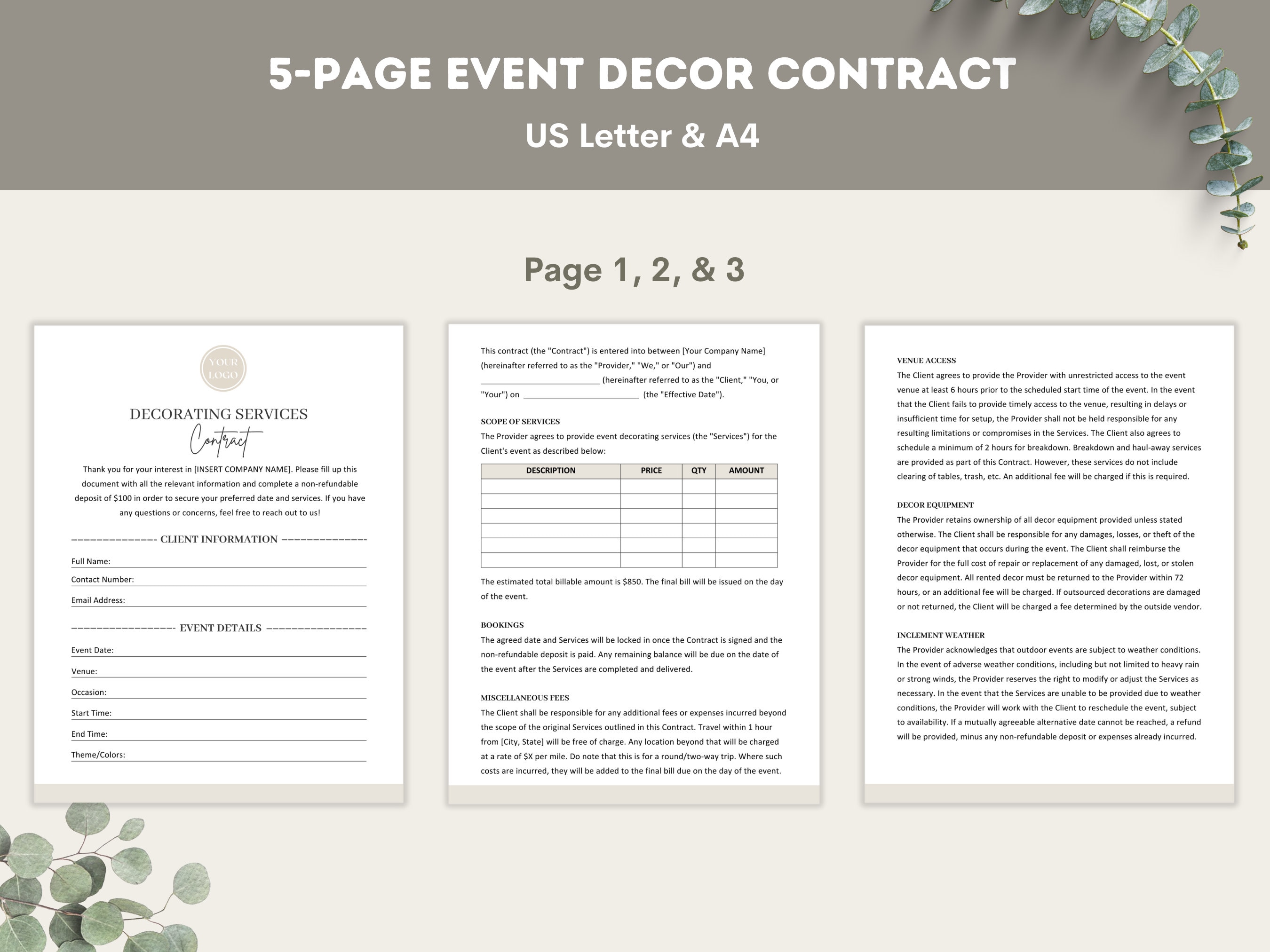 Event Decorating Services Contract, Client Service Agreement, Editable ...