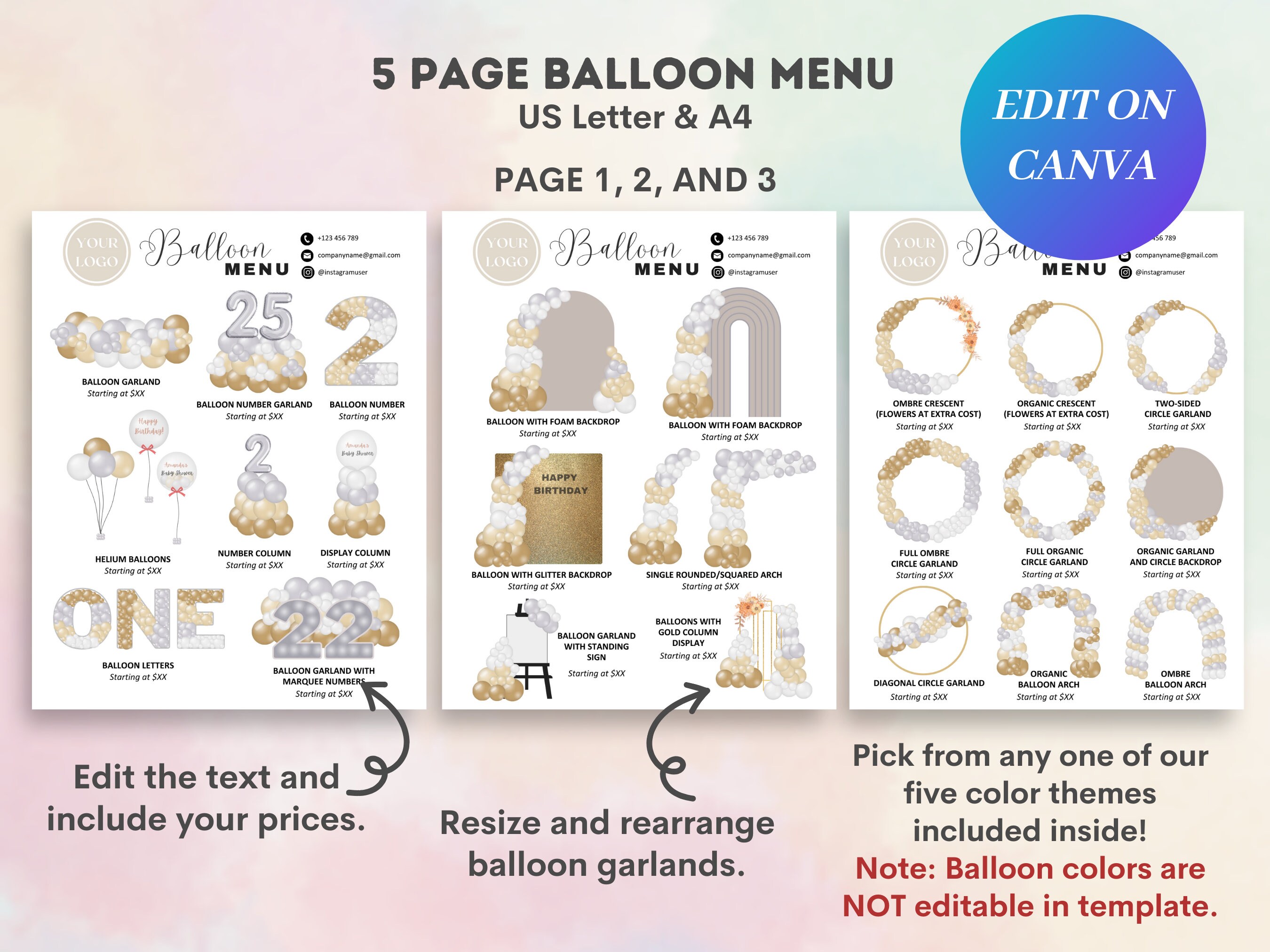 Balloon Menu Template, Editable & Printable Balloon Decor Price List ...