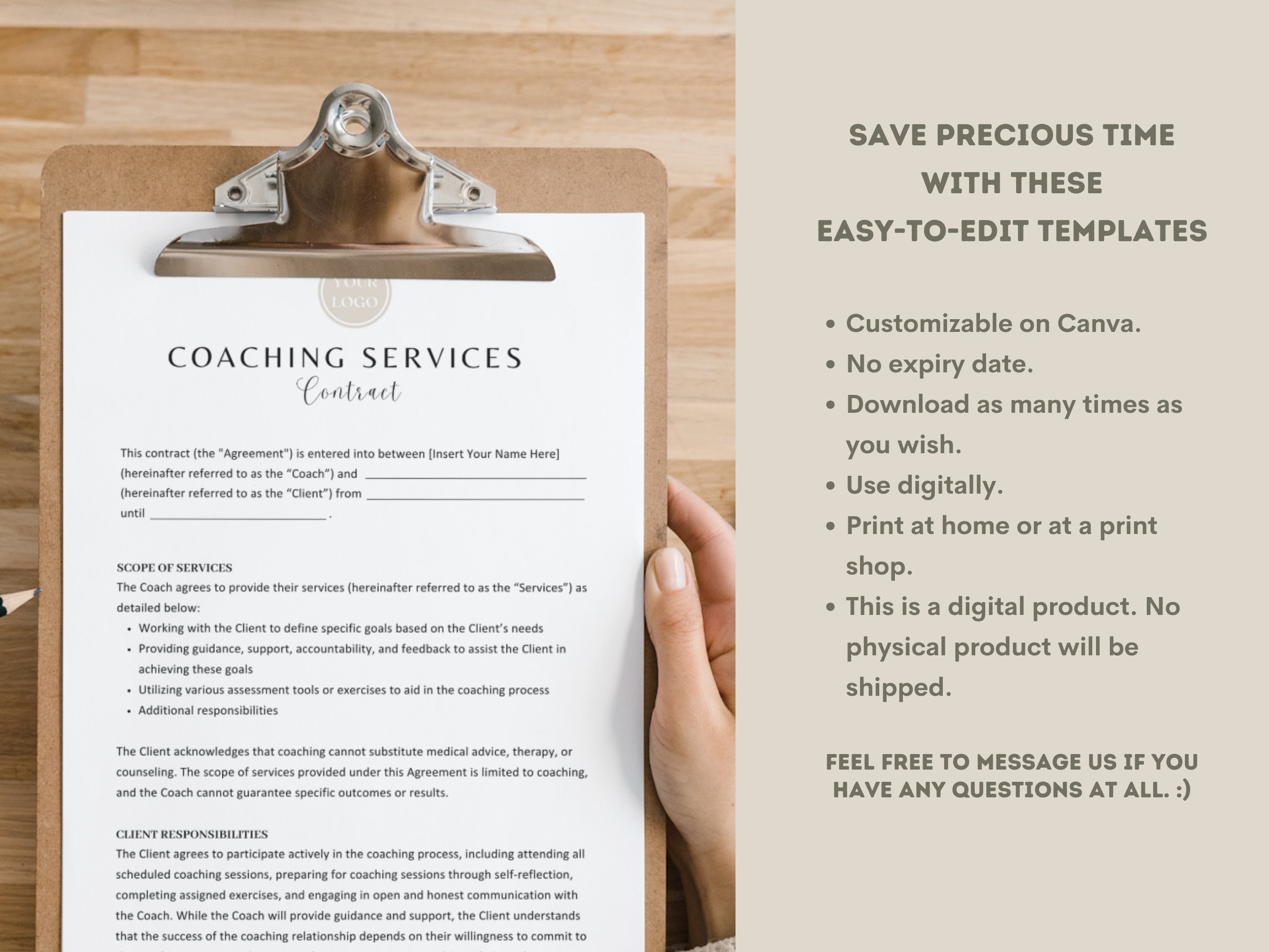 Coaching Agreement/contract Template, Editable & Printable Life Coach ...