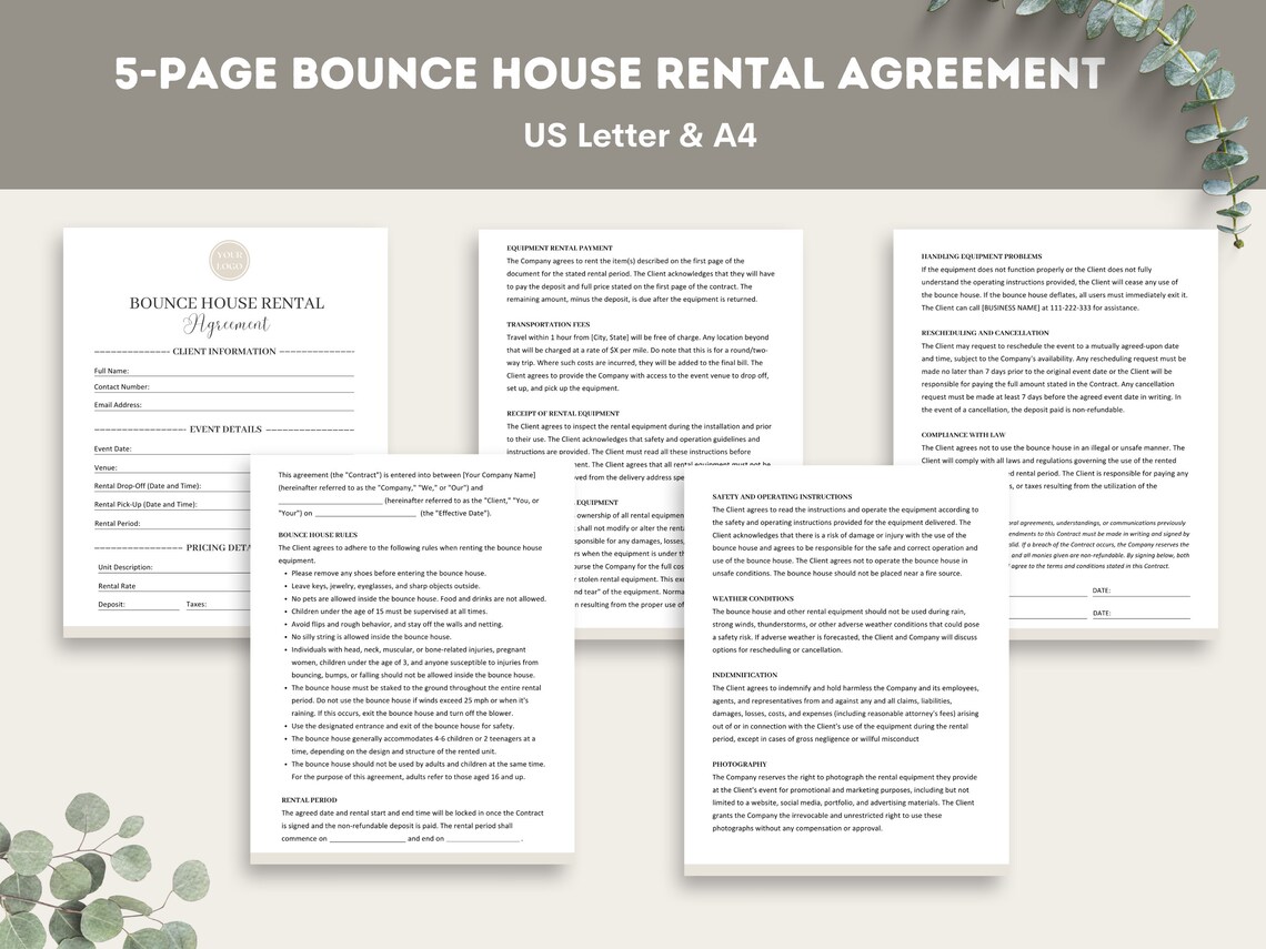 Bounce House Rental Contract Agreement Template, Rules, Business Signs ...