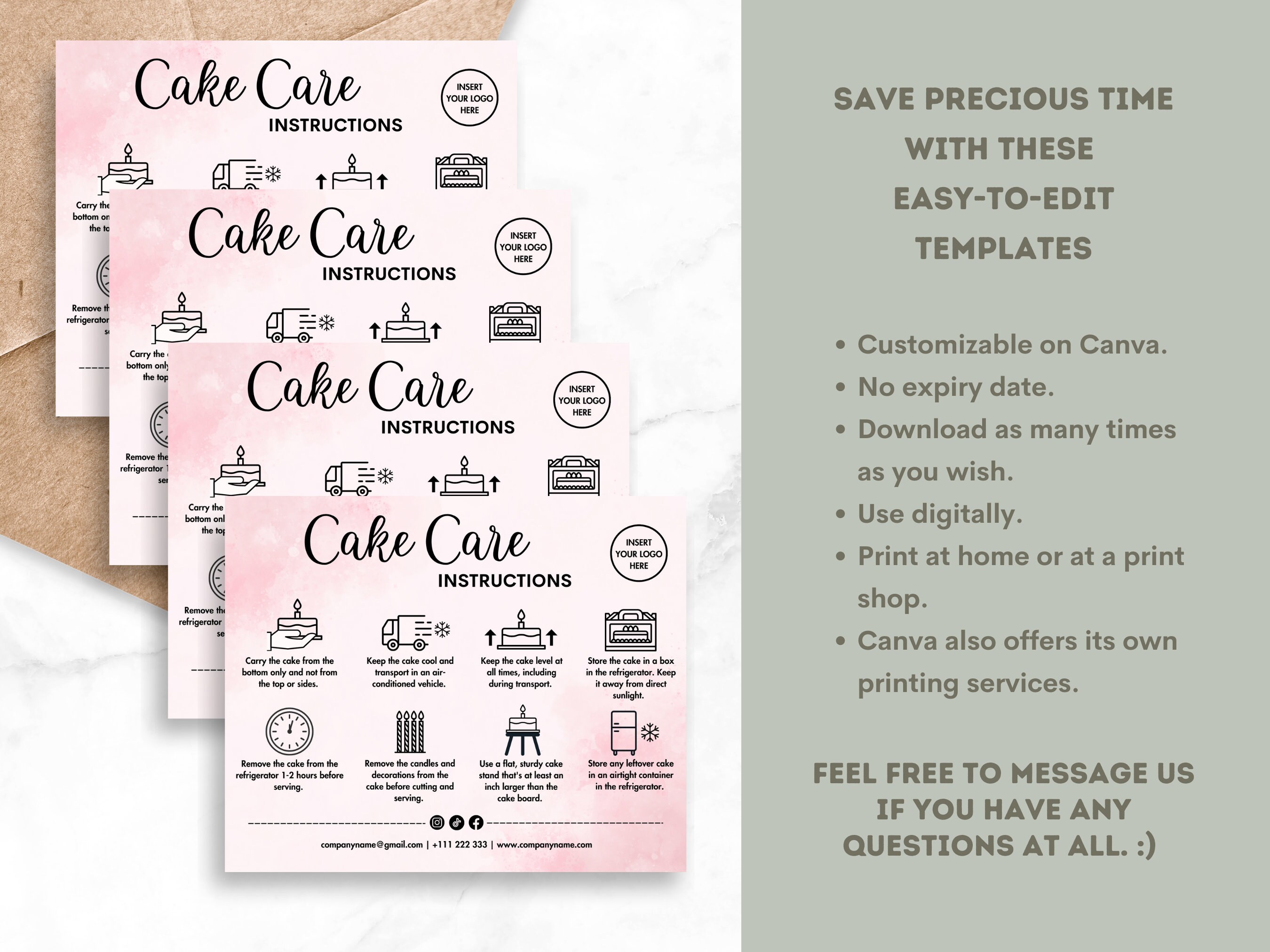 Cake Care Card Instructions Canva Template, Instant Digital Download ...