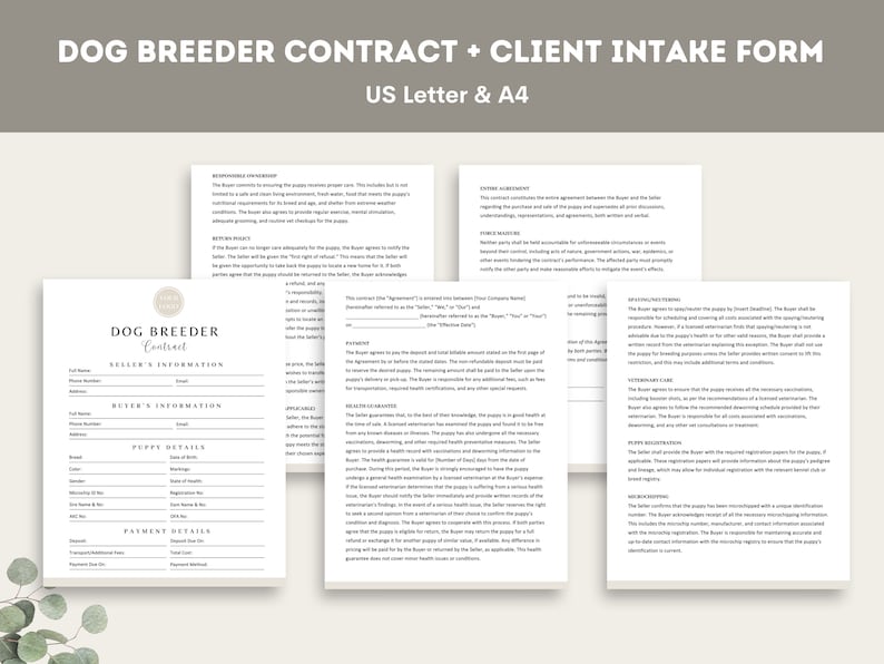 Dog Breeder Contract Agreement Template, Puppy Sale Forms, Puppy Adoption & Dog Whelping Charts ...