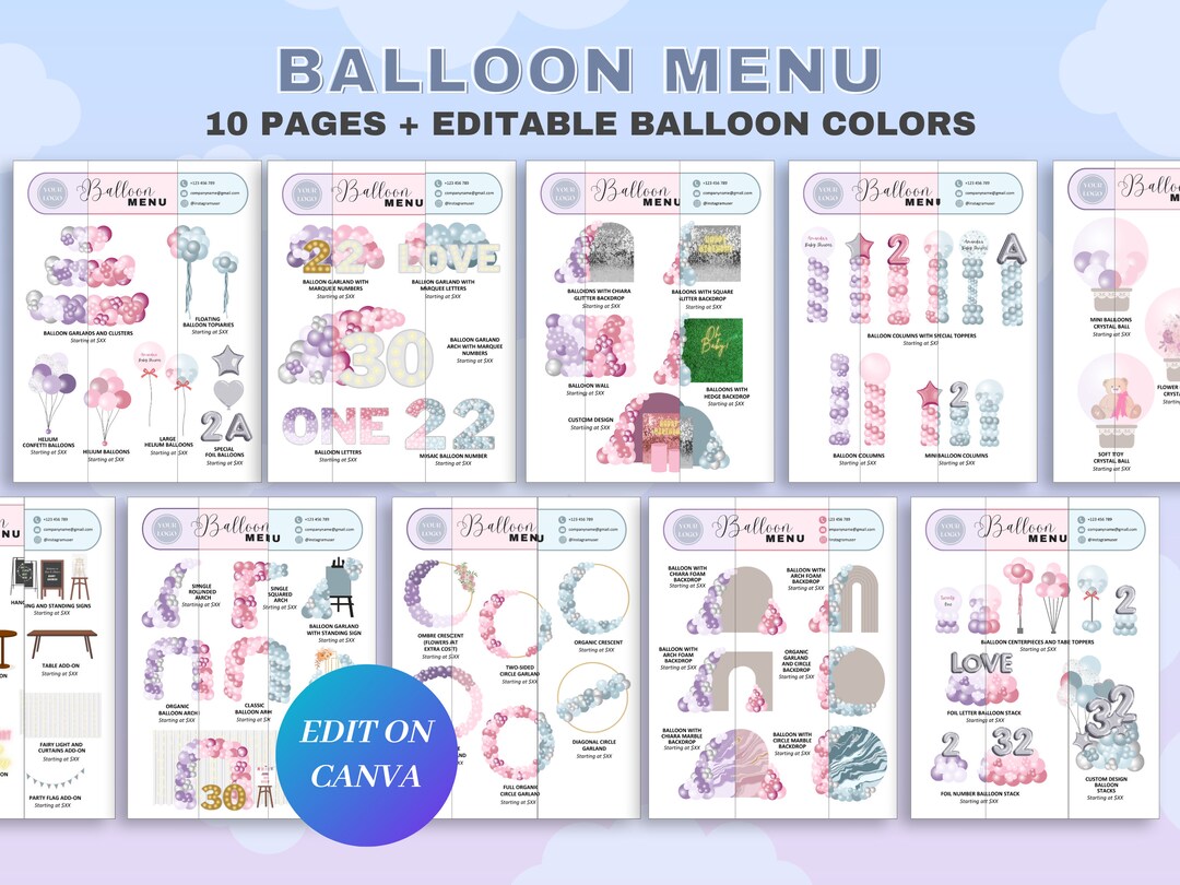 Balloon Menu Template, 10 Page Editable & Printable Balloon Decor Price ...