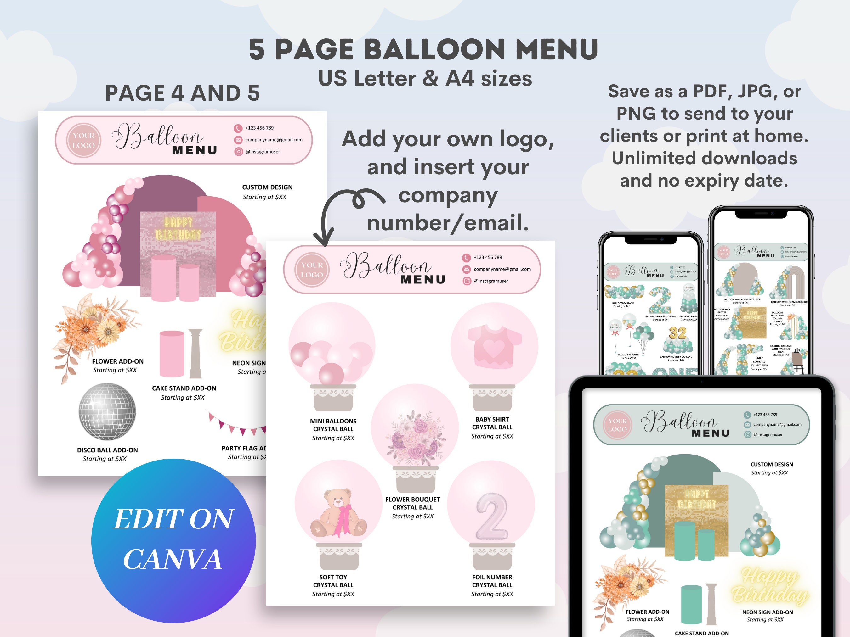 Balloon Menu Template, Editable & Printable Balloon Decor Price List ...