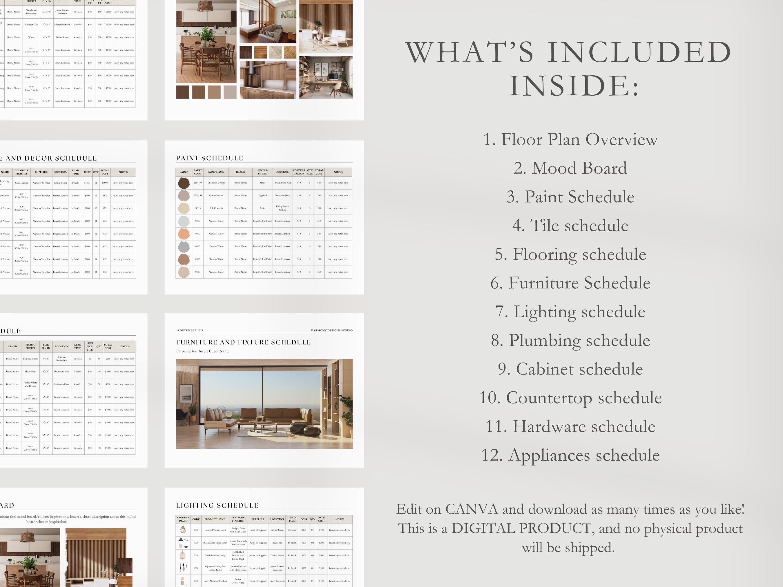 Interior Design FF&E Schedule, Canva Client Furniture, Fixtures, and Finishes, Lighting/hardware ...