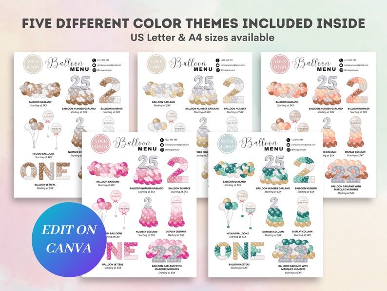 Balloon Menu Template, Editable & Printable Balloon Decor Price List ...