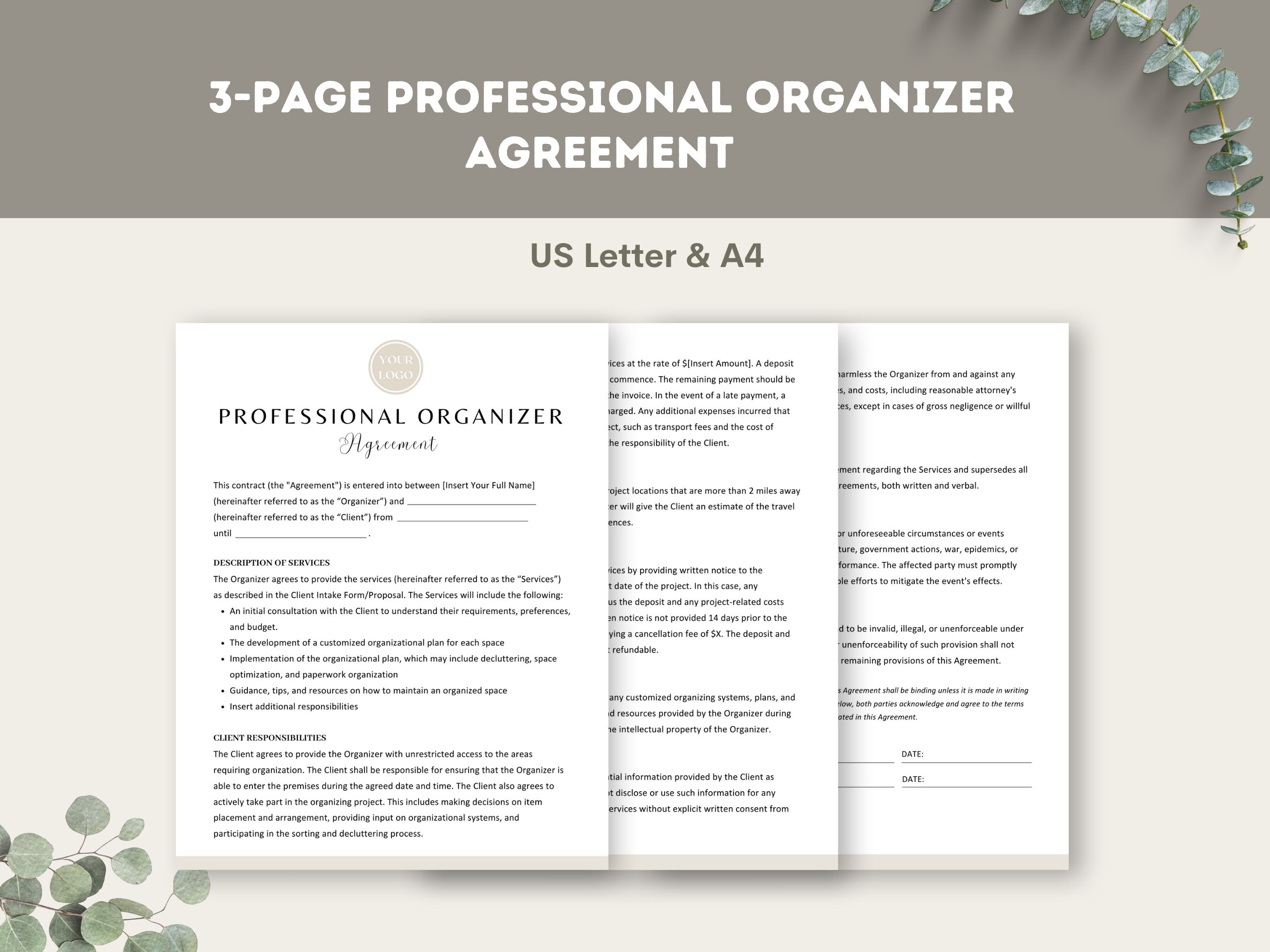 Professional Organizer Service Contract/agreement, Freelance Organizing ...