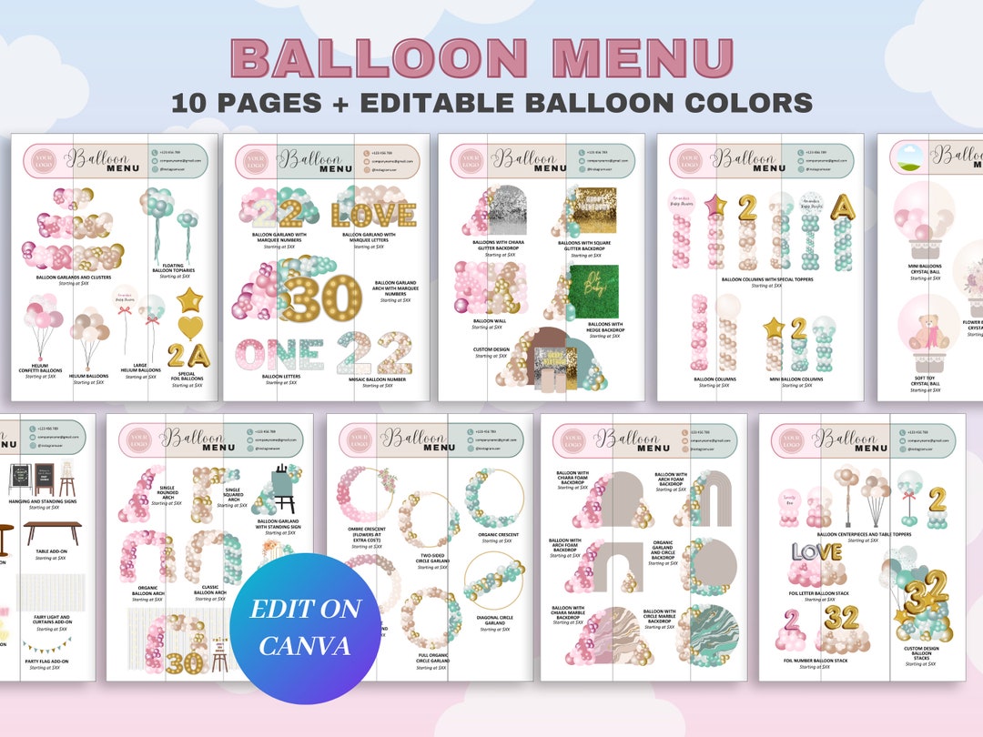 Balloon Menu Template, 10-page Editable & Printable Balloon Decor Price ...