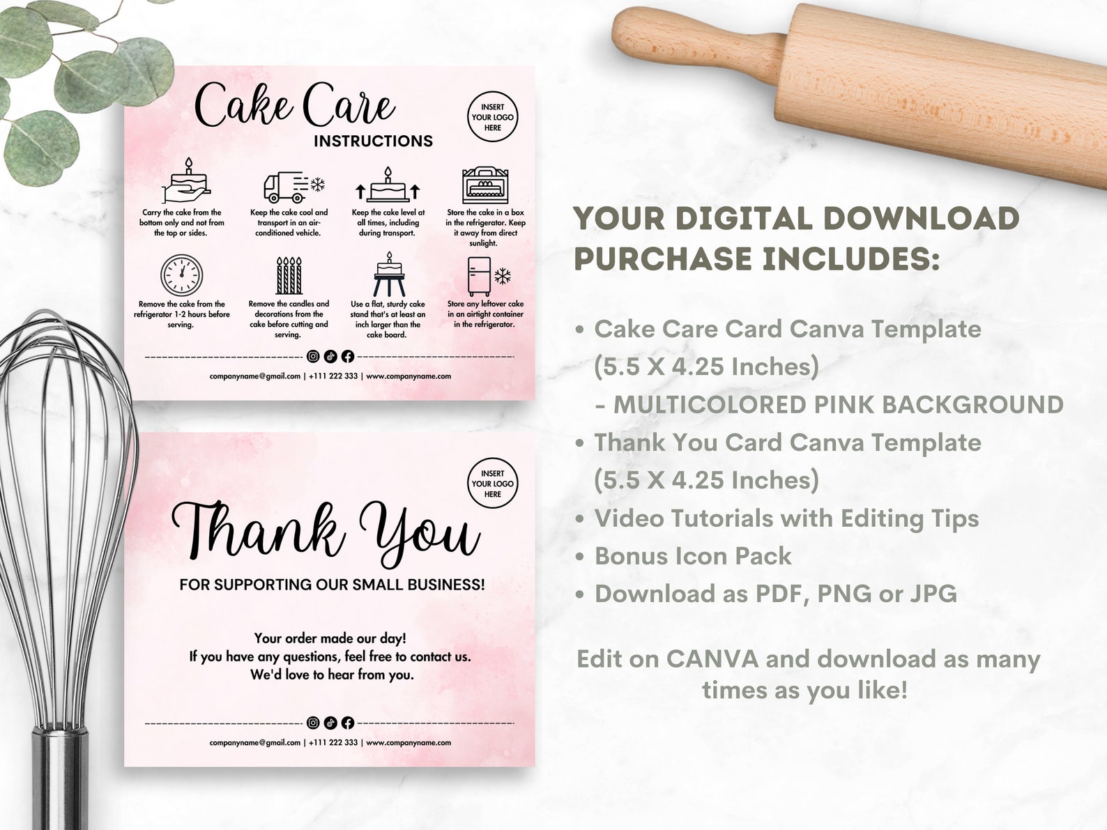 Cake Care Card Instructions Canva Template, Instant Digital Download ...