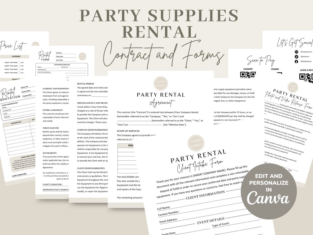 Party Supplies Rental Contract Agreement Template, Editable Event ...