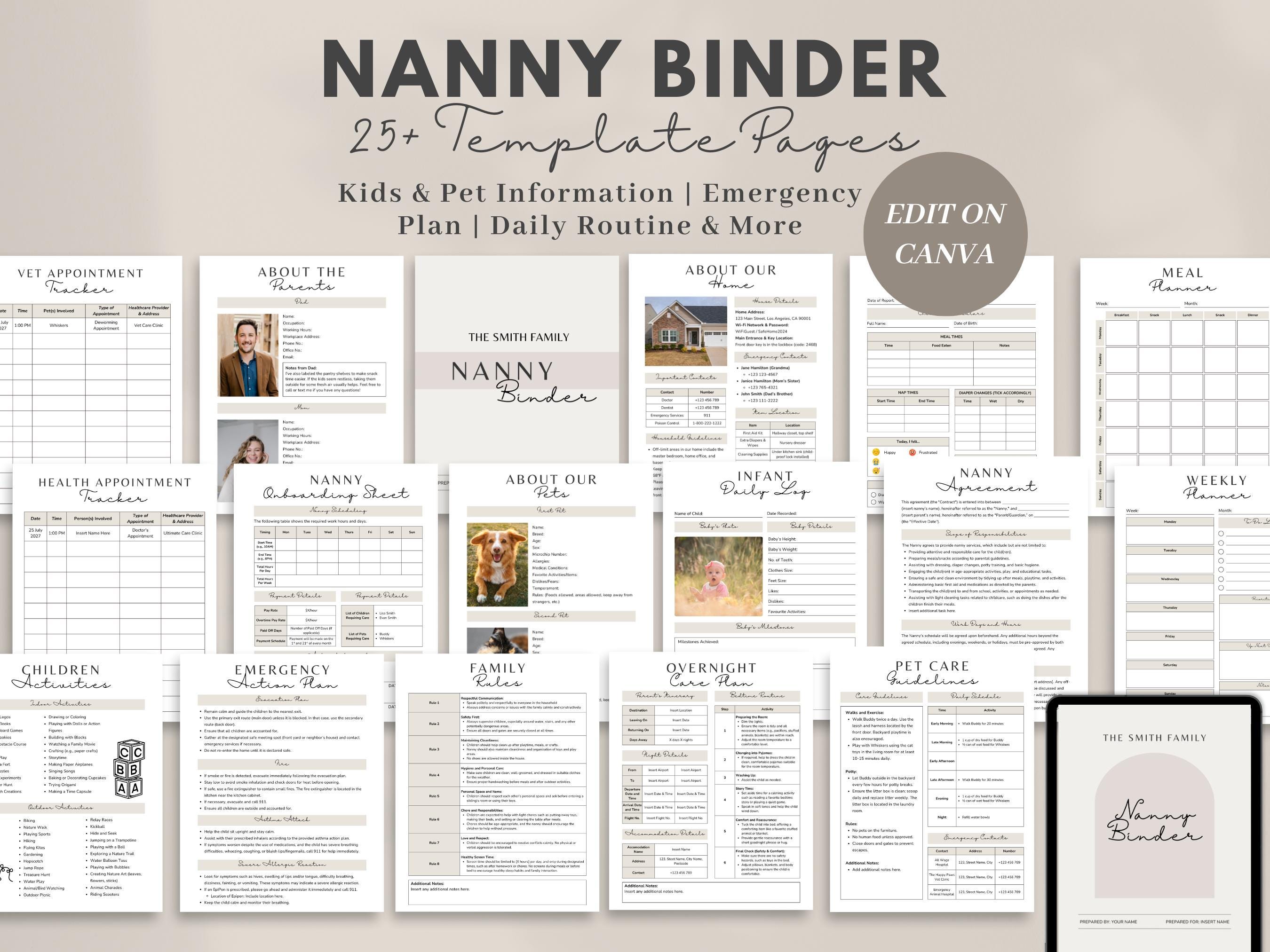 Editable Nanny Binder, Printable Babysitting Planner/notes, Childcare ...