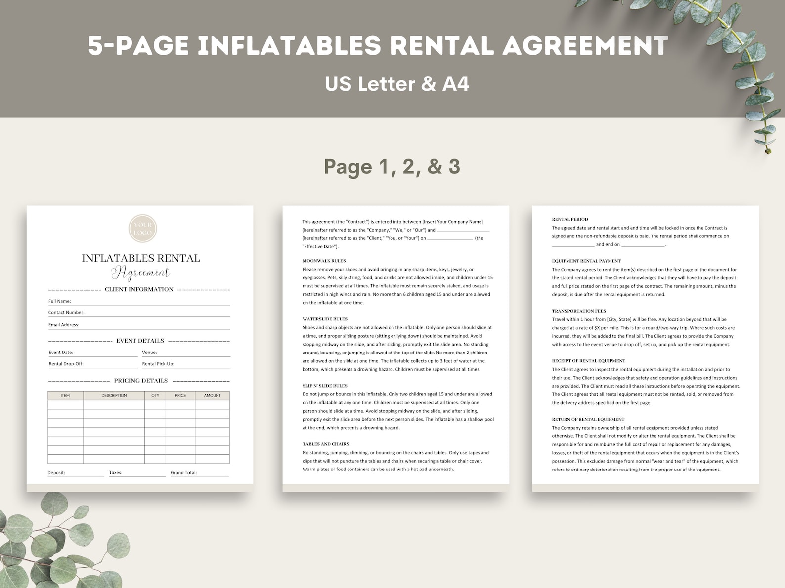 Inflatables Rental Agreement Template, Printable/editable Inflatable ...