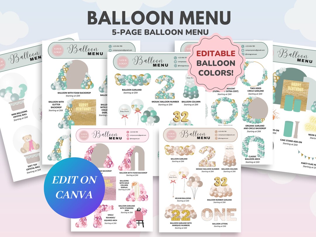 Balloon Menu Template, Editable & Printable Balloon Decor Price List ...