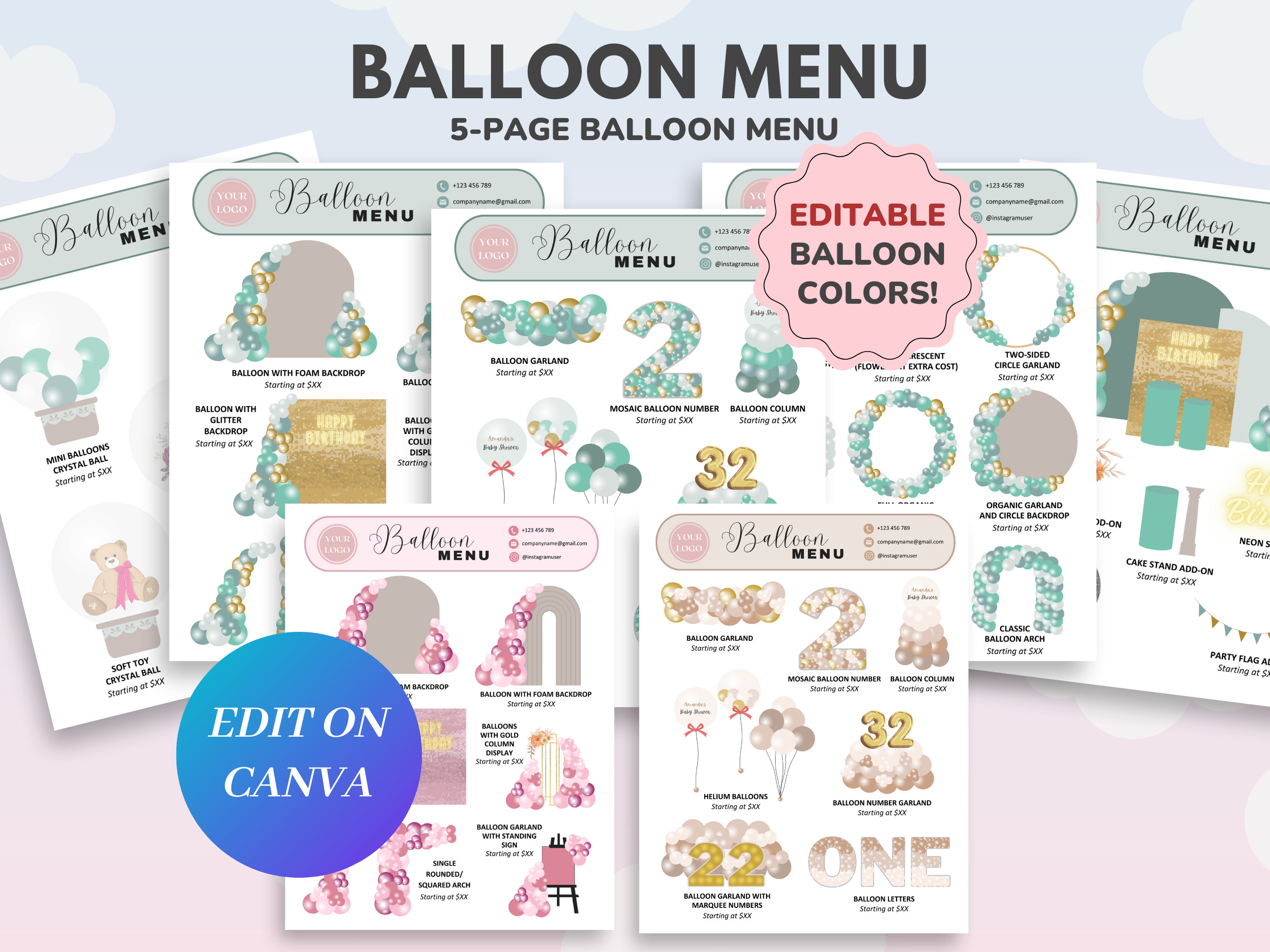 Balloon Menu Template, Editable & Printable Balloon Decor Price List ...