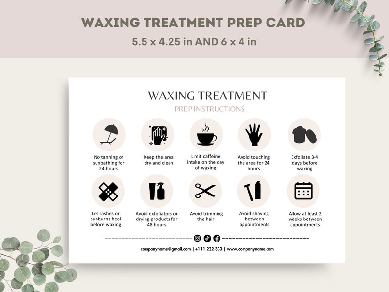 Waxing Aftercare Card Template, Waxing Treatment Prep Instructions Card ...