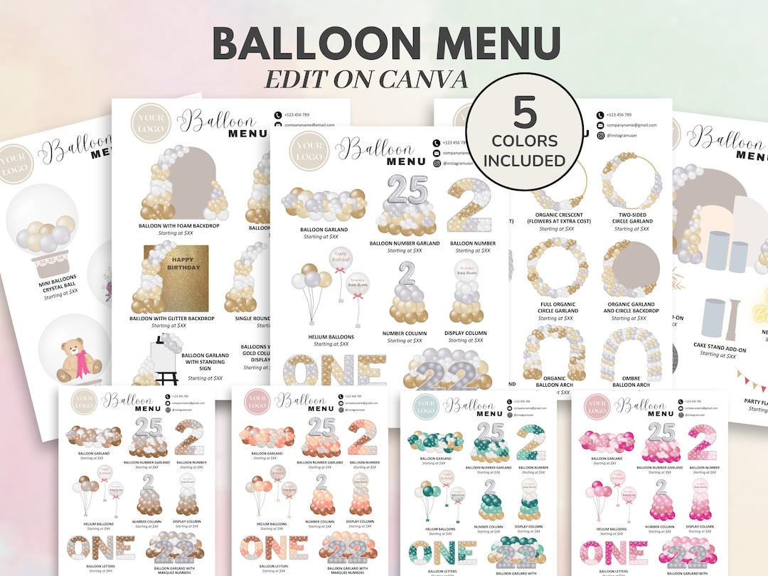 Balloon Menu Template, Editable & Printable Balloon Decor Price List ...
