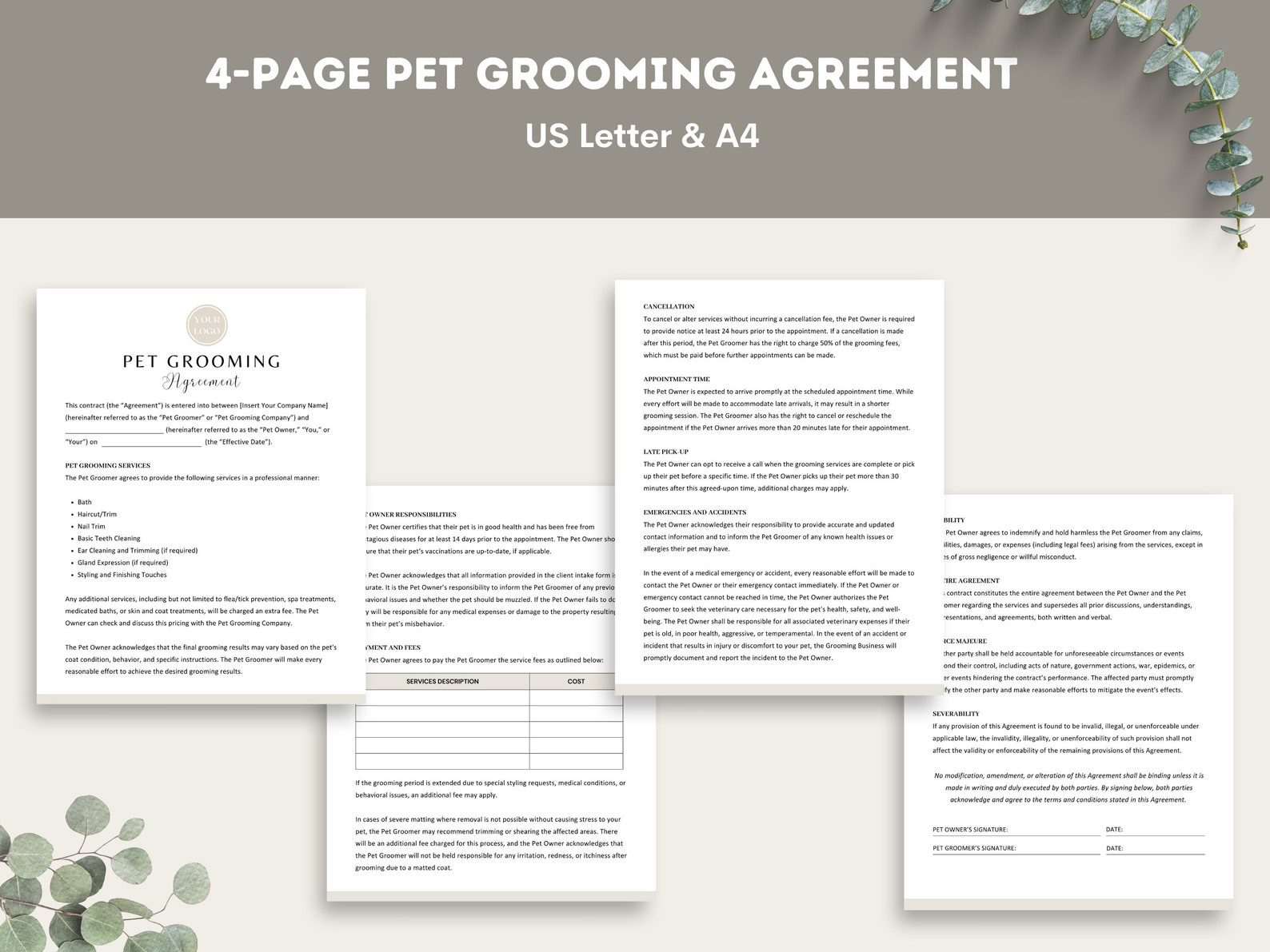 Pet Grooming Service Agreement/contract Template, Editable & Printable ...