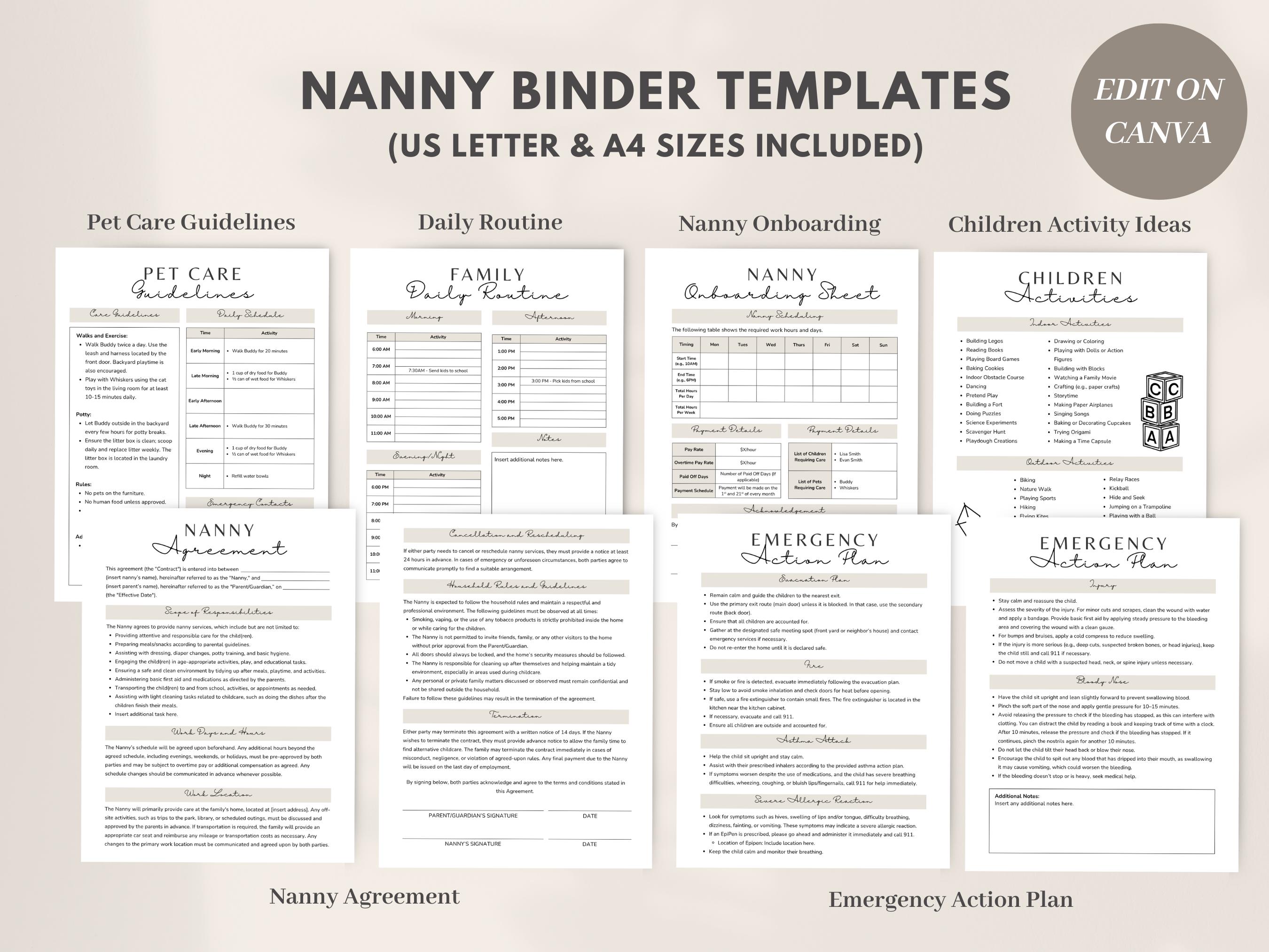 Editable Nanny Binder, Printable Babysitting Planner/notes, Childcare ...