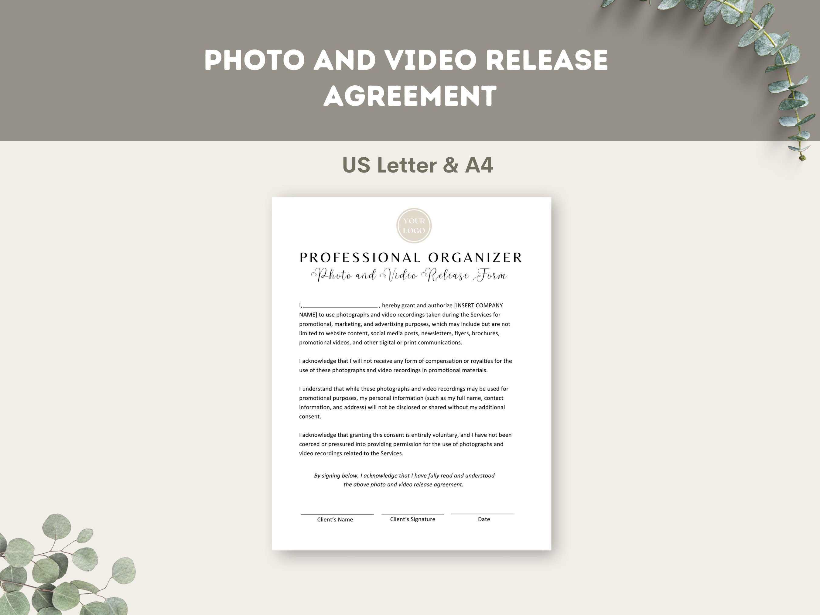 Professional Organizer Service Contract/agreement, Freelance Organizing ...