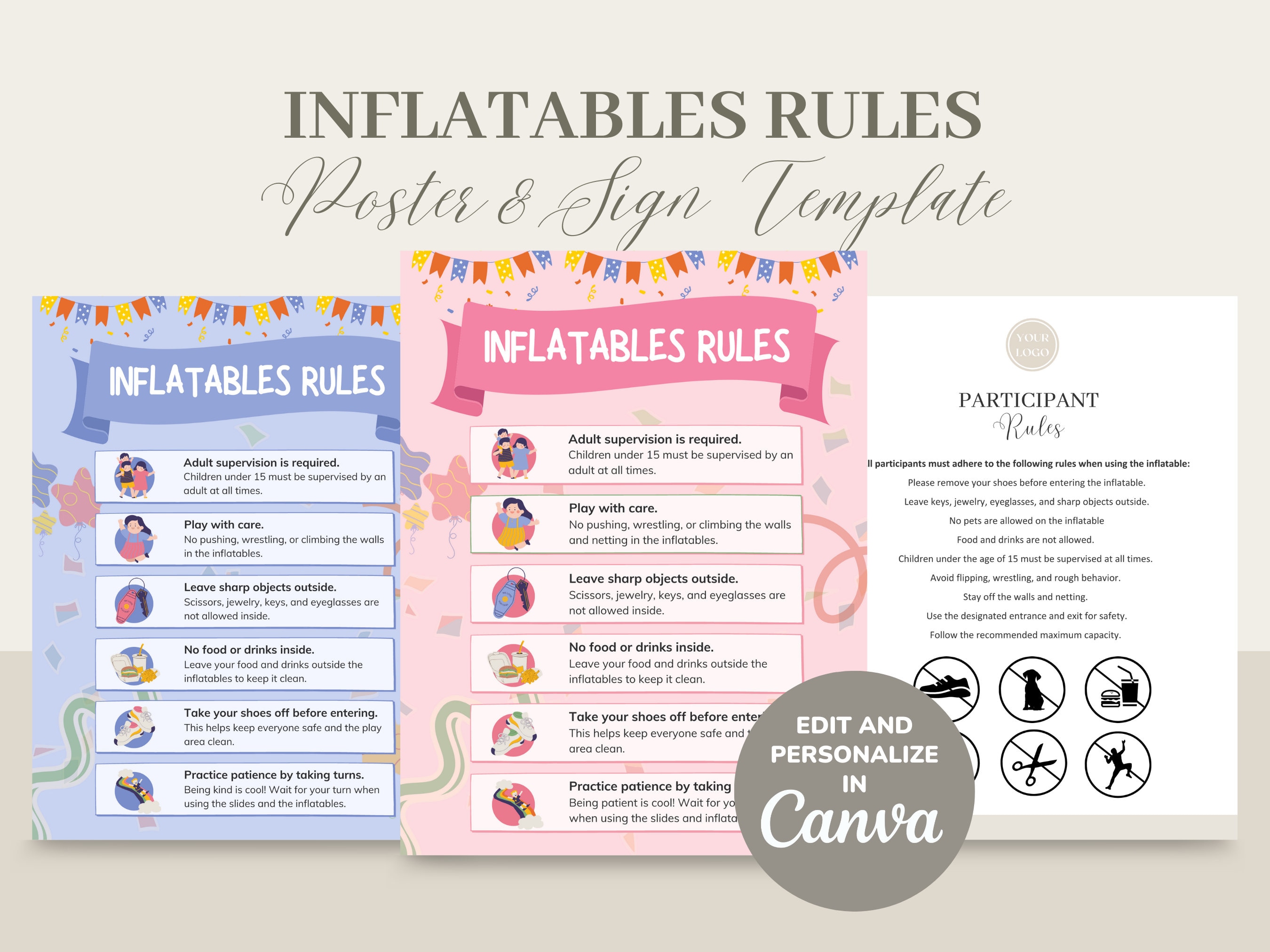 Inflatables Rental Rules Poster and Sign Template, Editable/printable ...