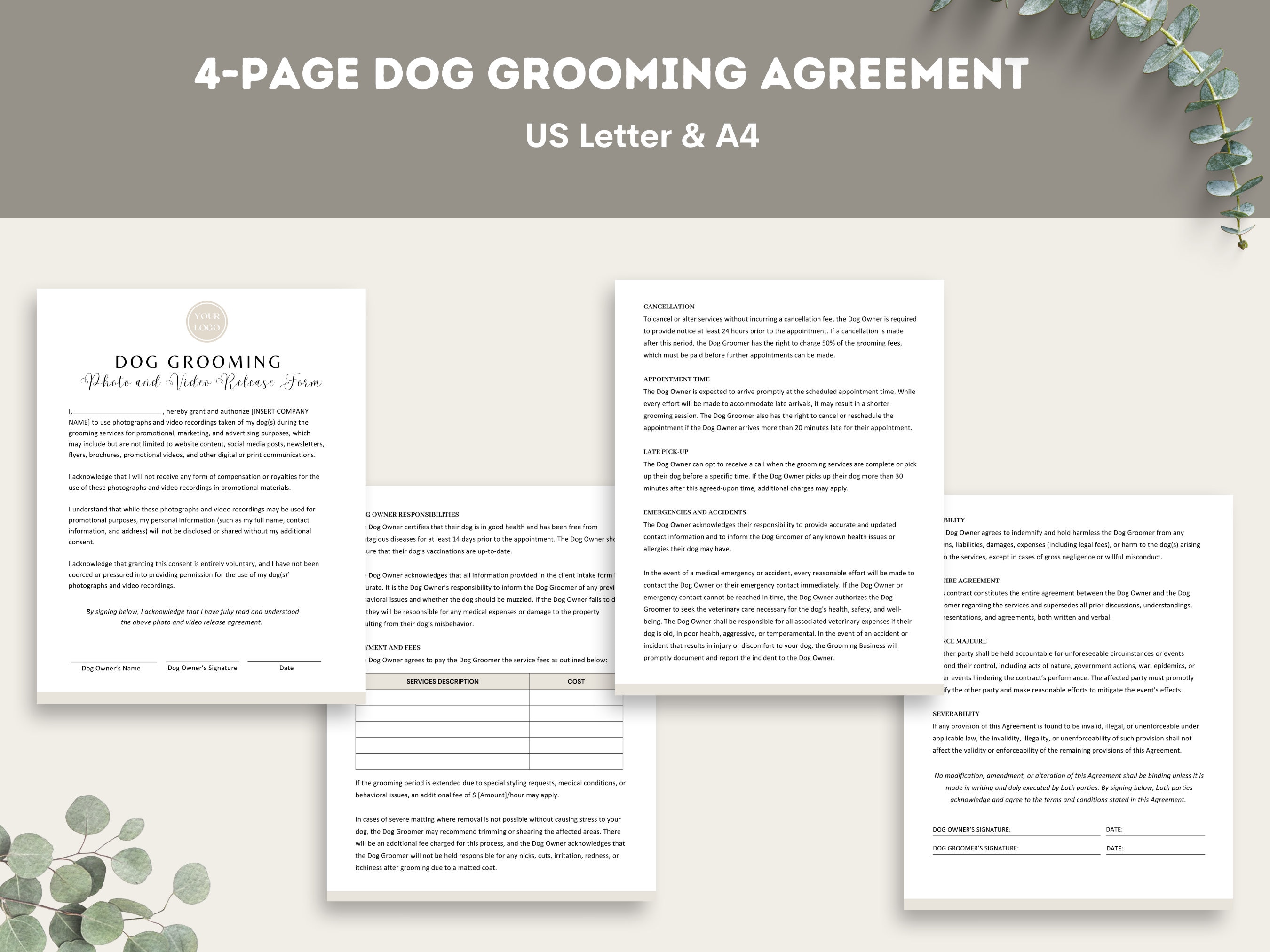 Dog Grooming Service Agreement/contract Template, Editable & Printable ...