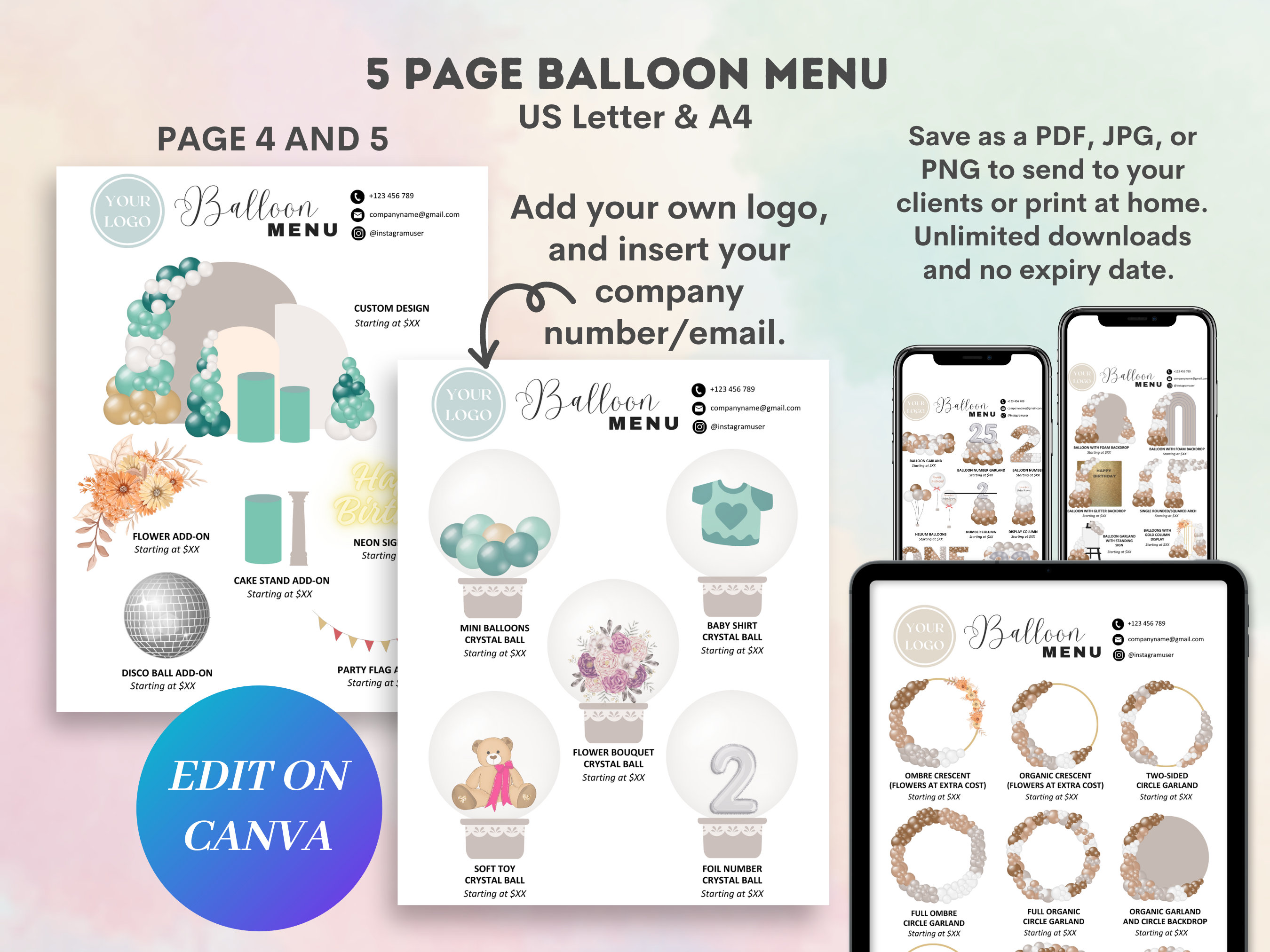 Balloon Menu Template, Editable & Printable Balloon Decor Price List ...