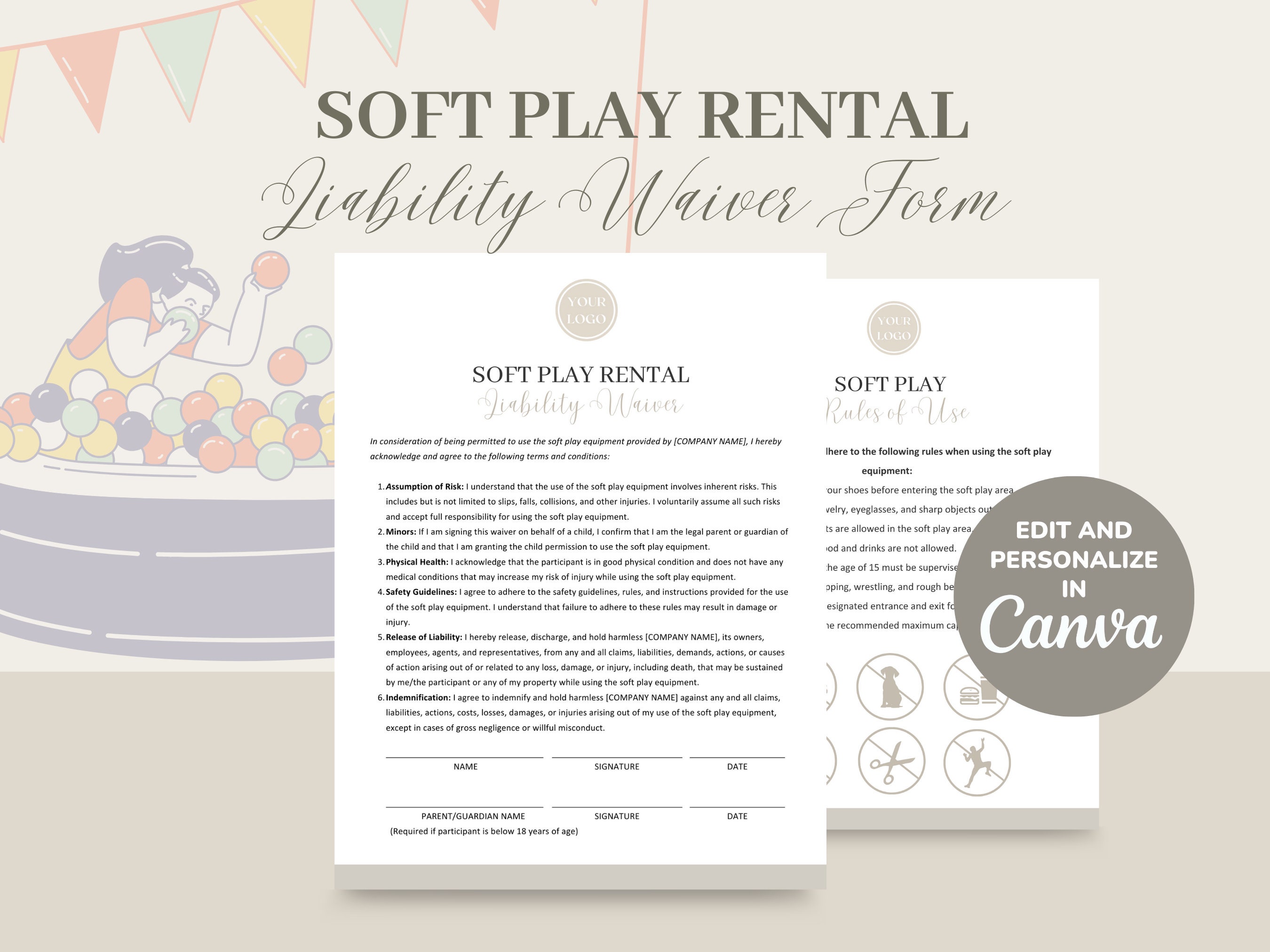 Soft Play Rental Liability Waiver Form Template, Editable/printable ...