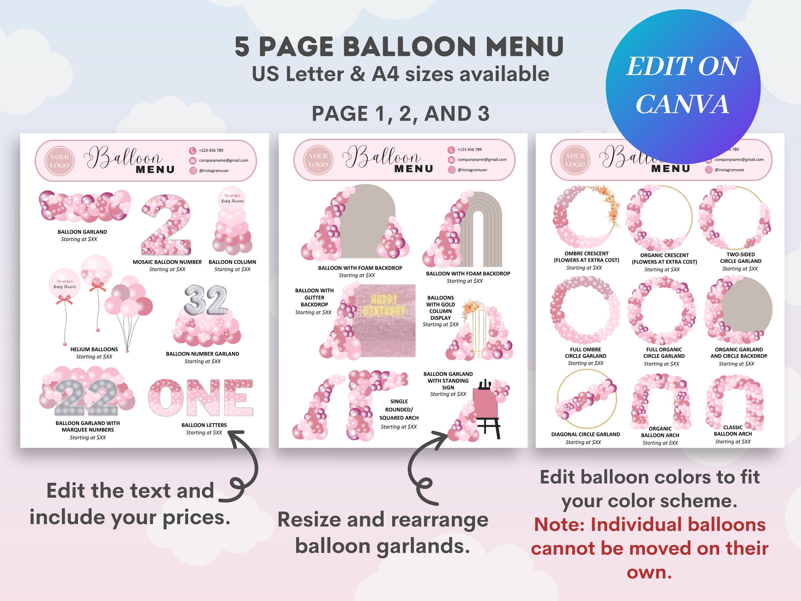 Balloon Menu Template, Editable & Printable Balloon Decor Price List ...