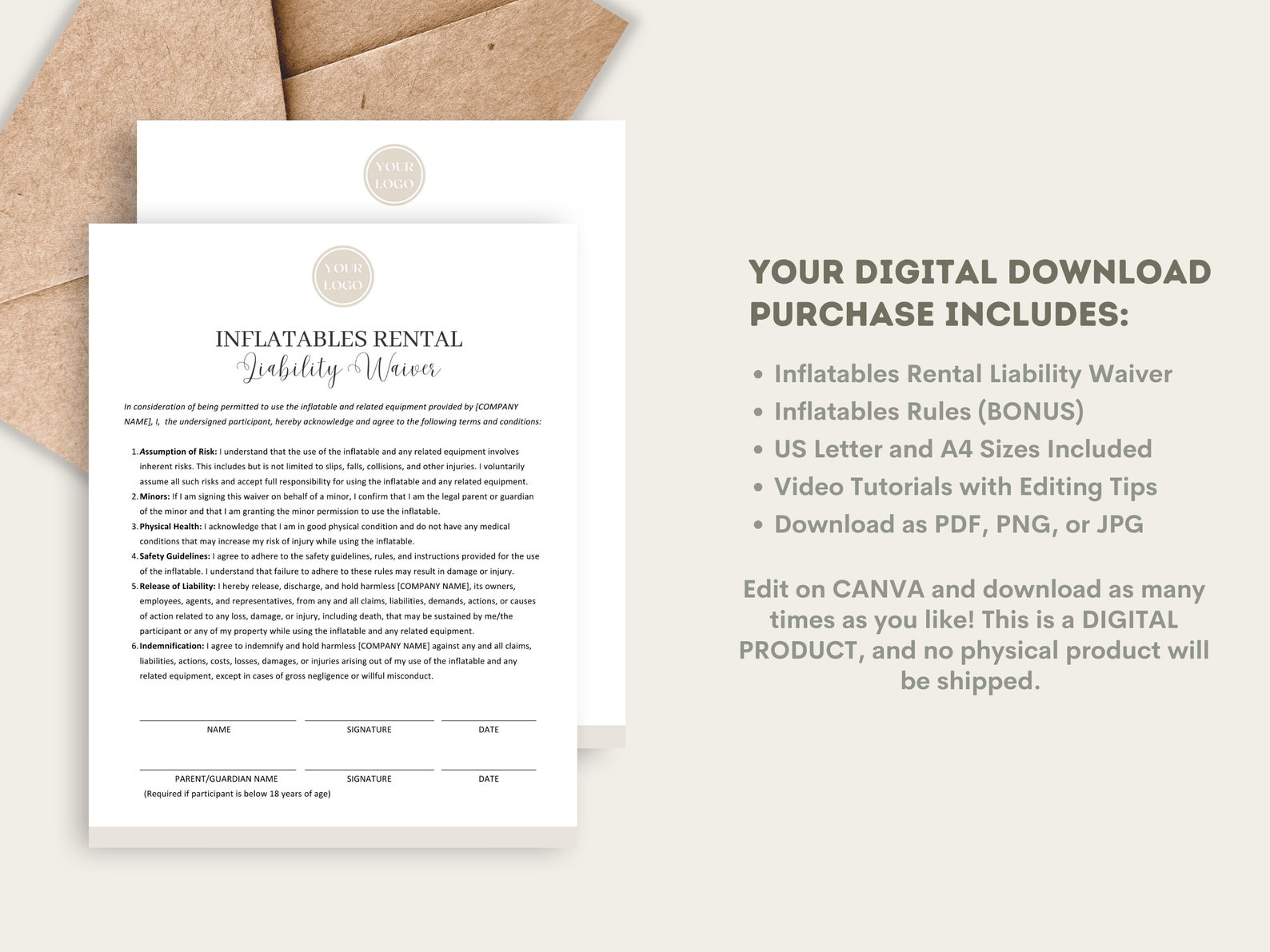 Inflatables Rental Liability Waiver Form Template, Editable/printable ...