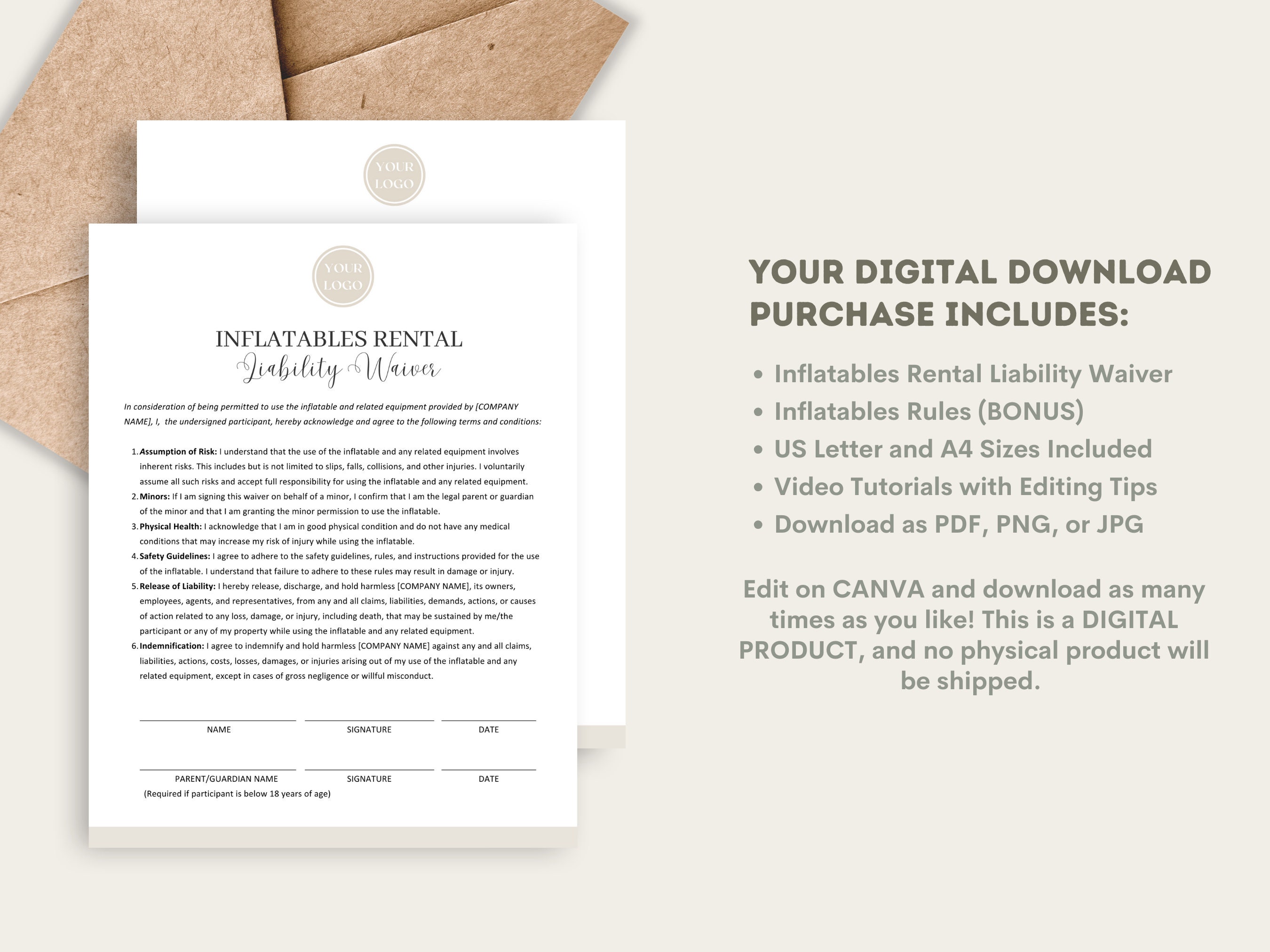 Inflatables Rental Liability Waiver Form Template, Editable/printable ...