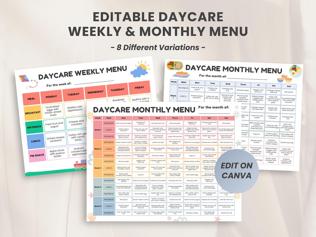 Daycare Weekly and Monthly Menu Template, Preschool/childcare Center ...