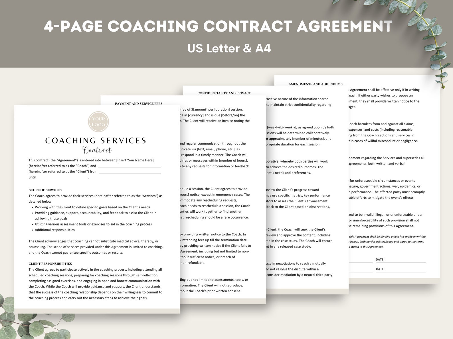 Coaching Agreement/contract Template, Editable & Printable Life Coach ...