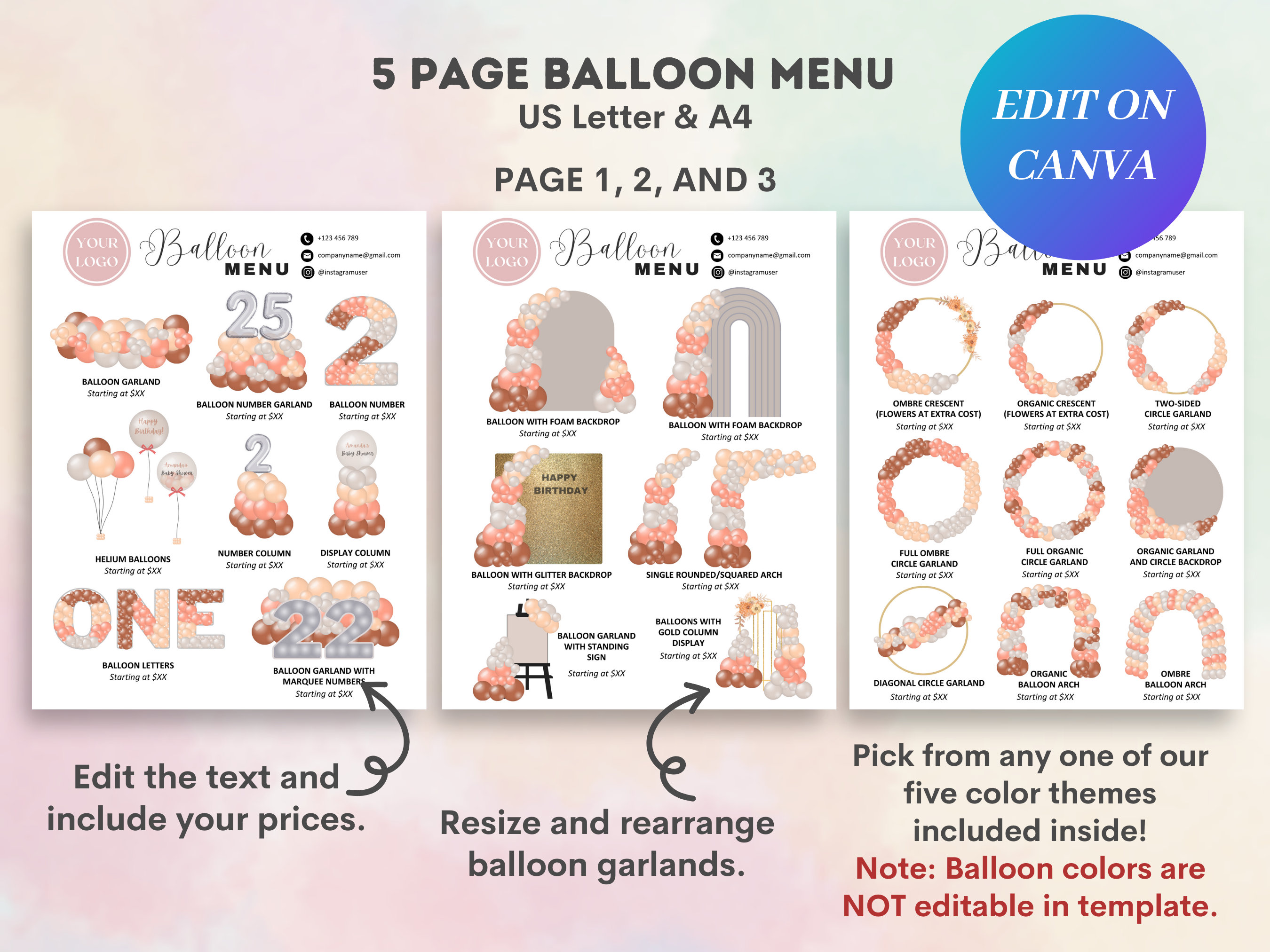Balloon Menu Template, Editable & Printable Balloon Decor Price List ...