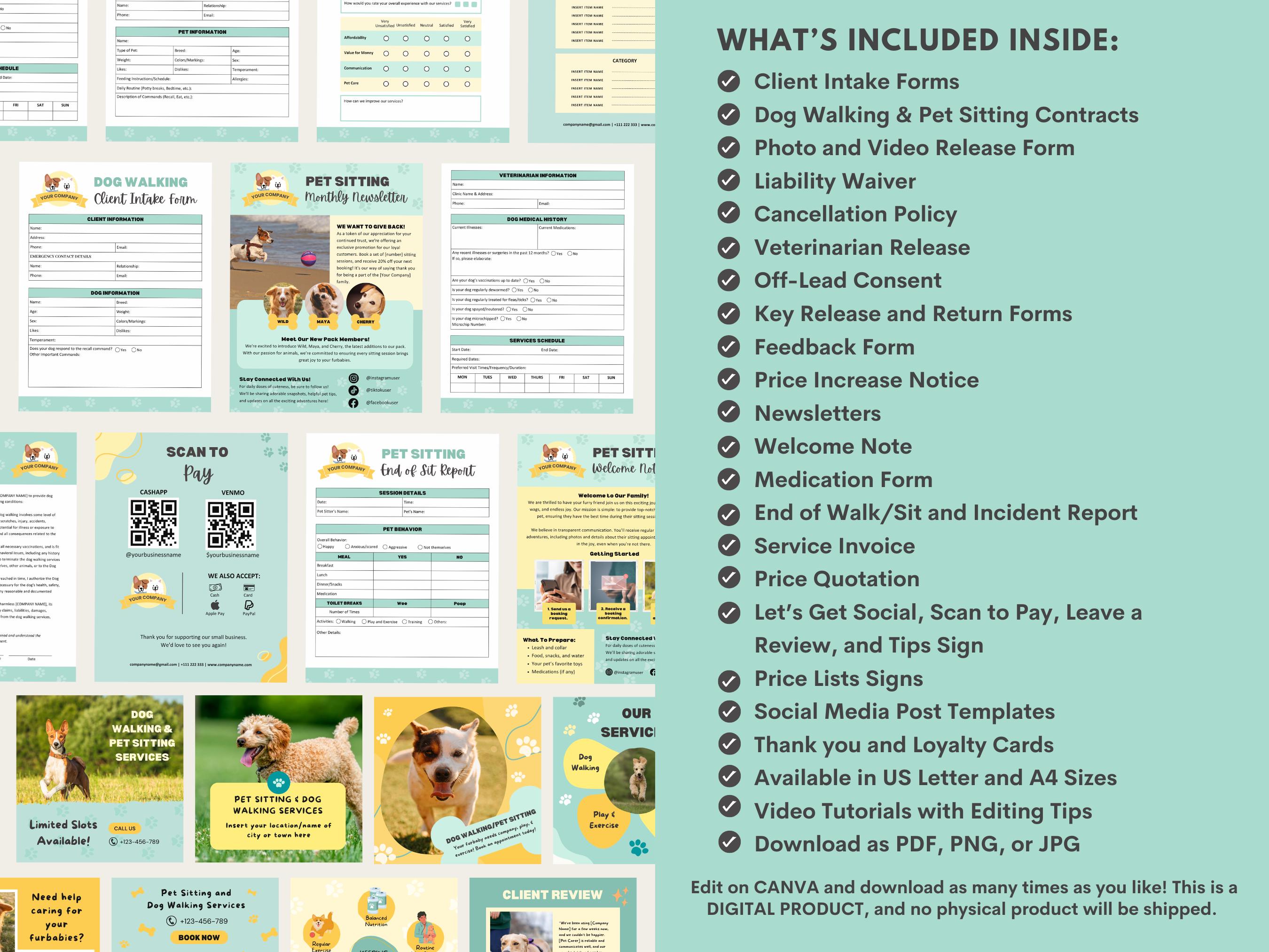 Dog Walking & Pet Sitting Service Agreement/contract Template, Editable ...