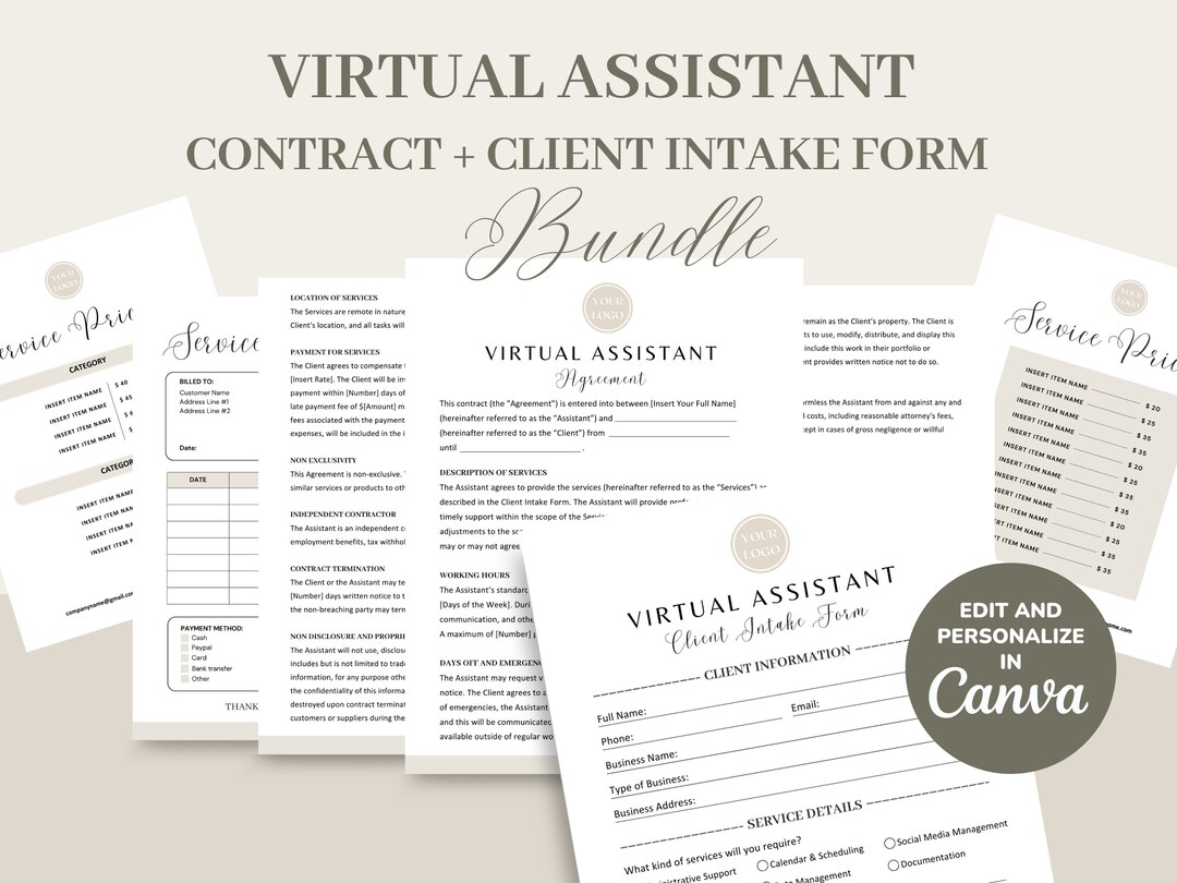 Virtual Assistant Service Contract/agreement, VA Client Intake Form ...